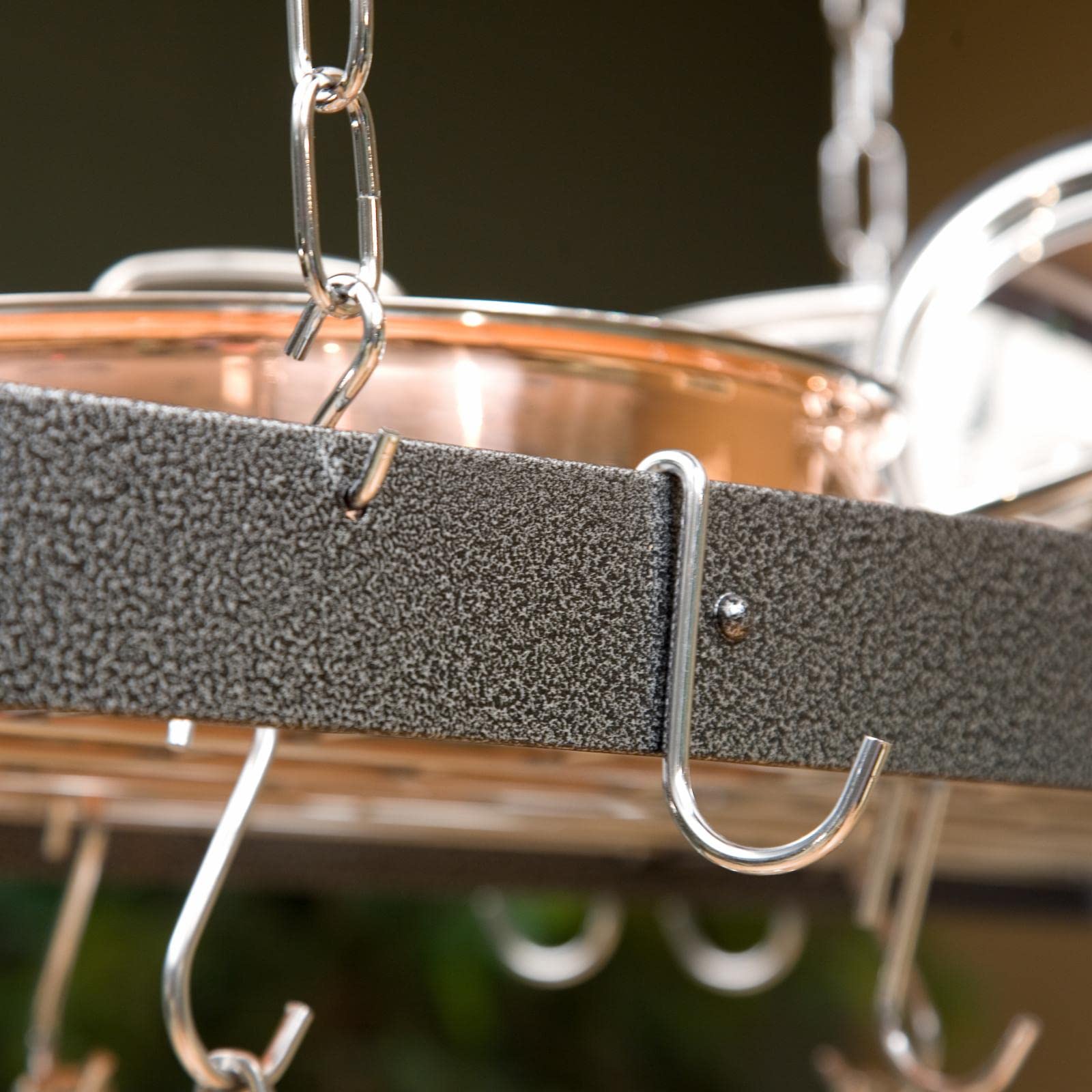 Rogar Hammered Steel Rectangular Pot Rack with Grid and Chrome Accessories 30-in.