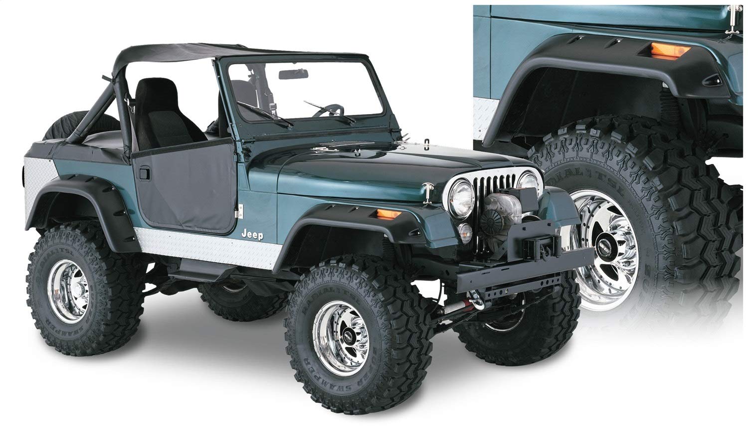 Bushwacker Jeep Cutout Pocket/Rivet Style Front & Rear Fender Flares | 4-Piece Set, Black, Textured Finish | 10910-07 | Fits 1956-1986 Jeep CJ5, CJ5A, CJ6, CJ6A, CJ7, Willys