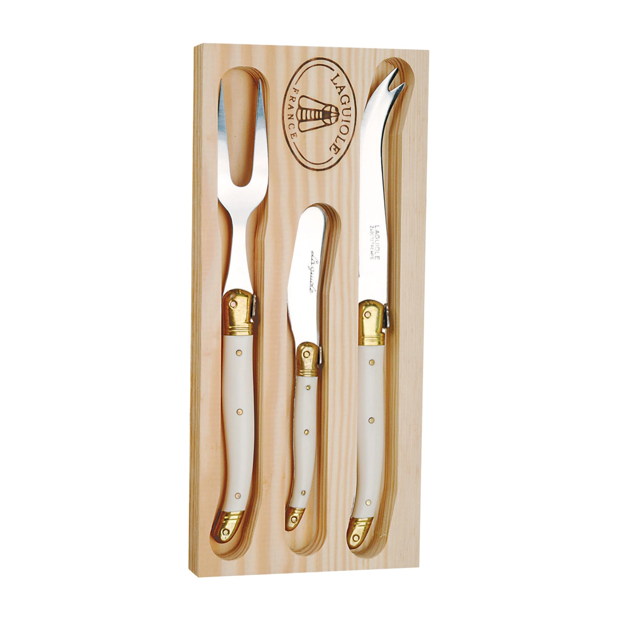Jean Dubost 3-Piece Cheese Knives Set in Box, Ivory