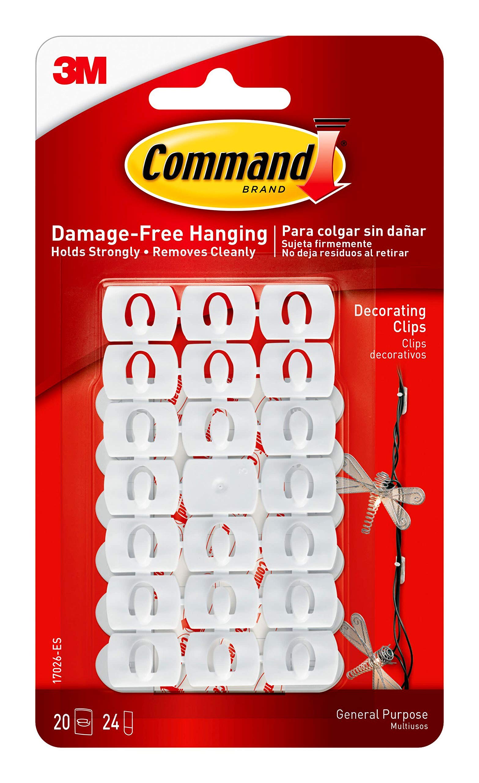 Command 17026 Decorating, White, 20 (17026-ES) 20PK Clip/Comm Adhesive, 20 Clips, Clear, 20 Clips