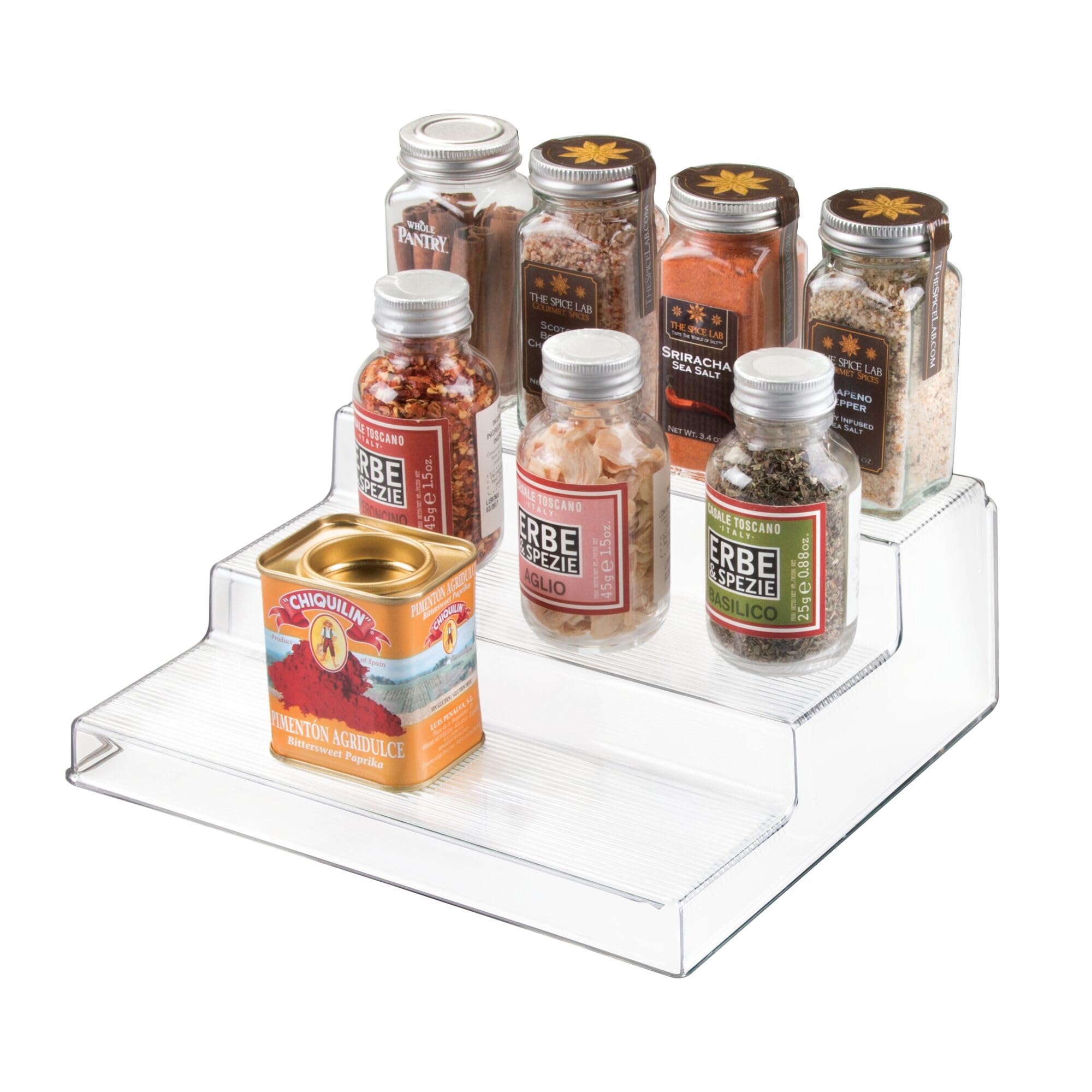 iDesign Recycled Plastic 3-Tier Stadium Spice Rack Kitchen, Fridge, Freezer, Pantry and Cabinet Organization, The Linus Collection, 8.8" x 10.1" x 3.5ā, Clear
