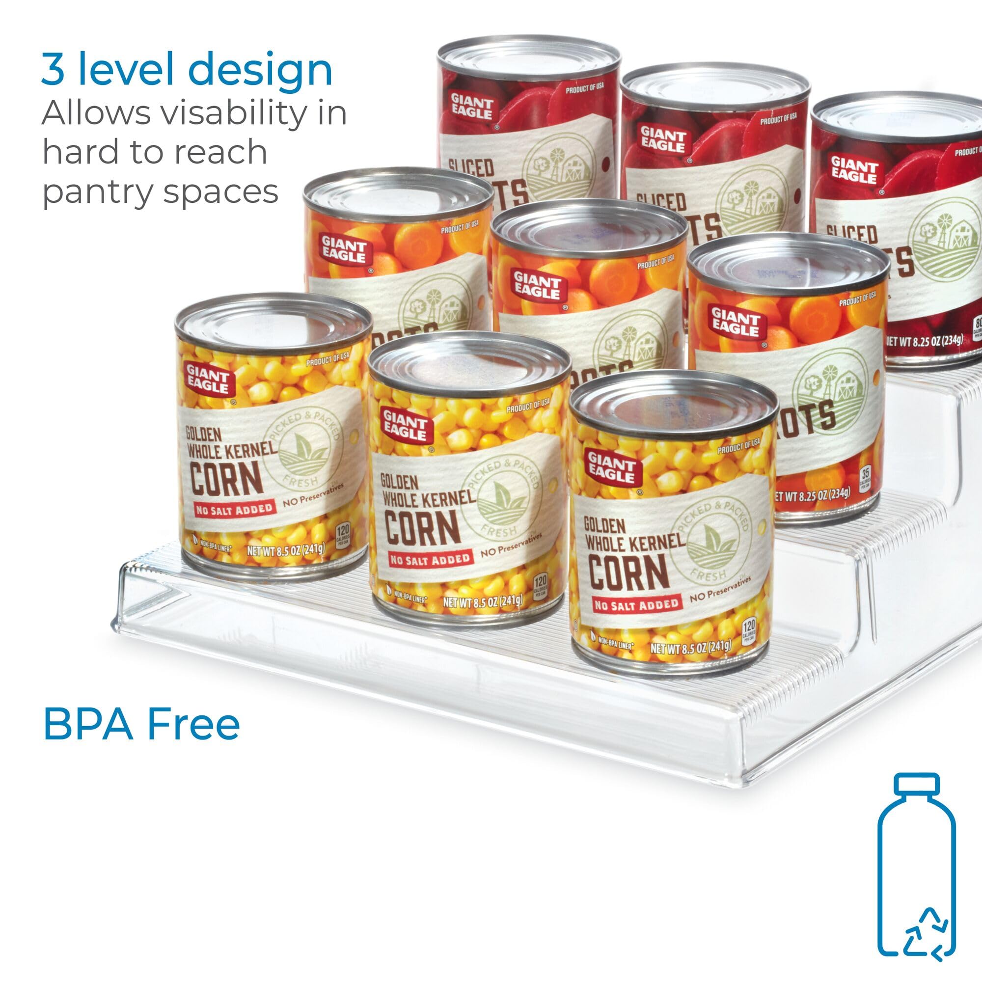 iDesign Recycled Plastic 3-Tier Stadium Spice Rack Kitchen, Fridge, Freezer, Pantry and Cabinet Organization, The Linus Collection, 8.8" x 10.1" x 3.5β, Clear