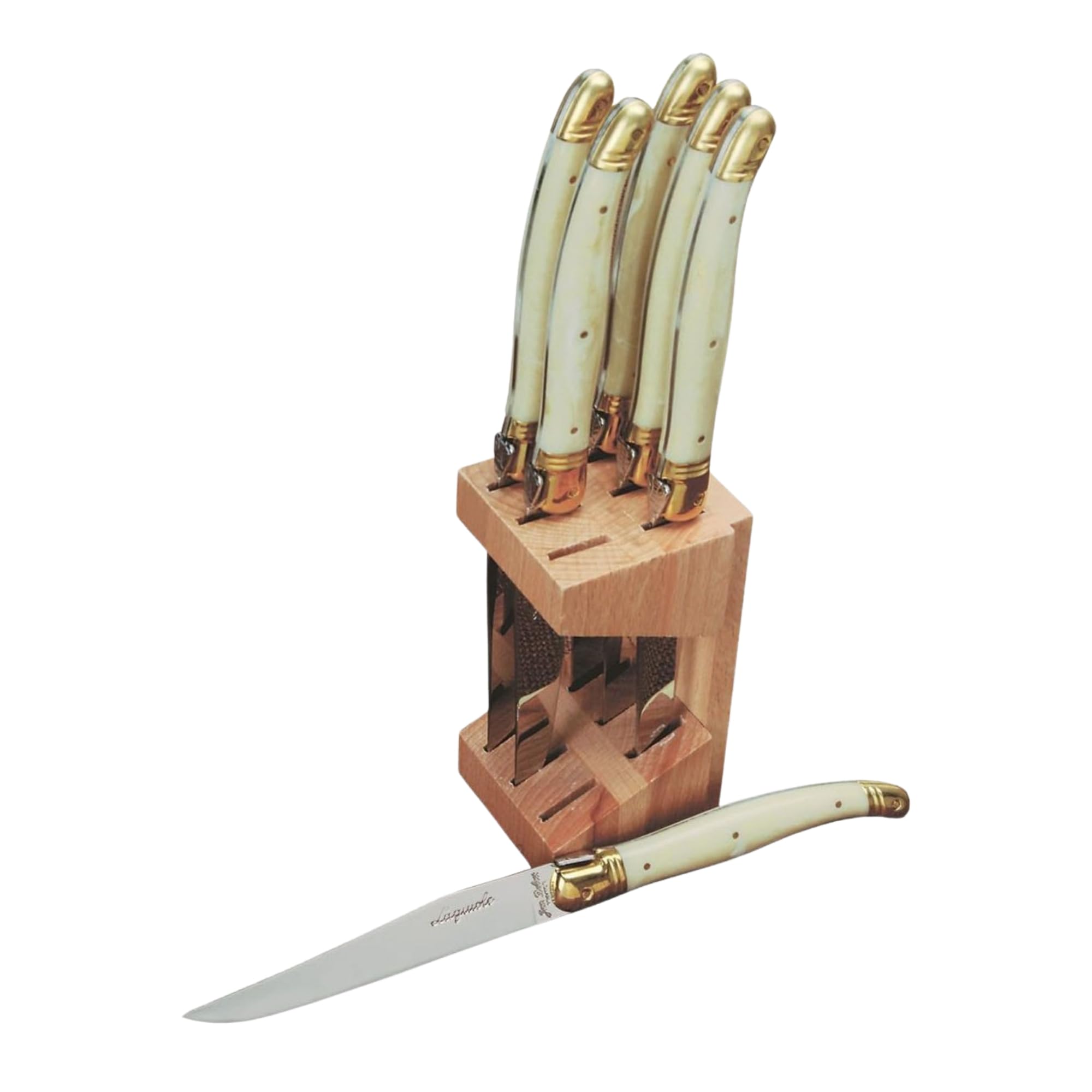 Jean Dubost 6 Steak Knives in Wooden Block, Ivory