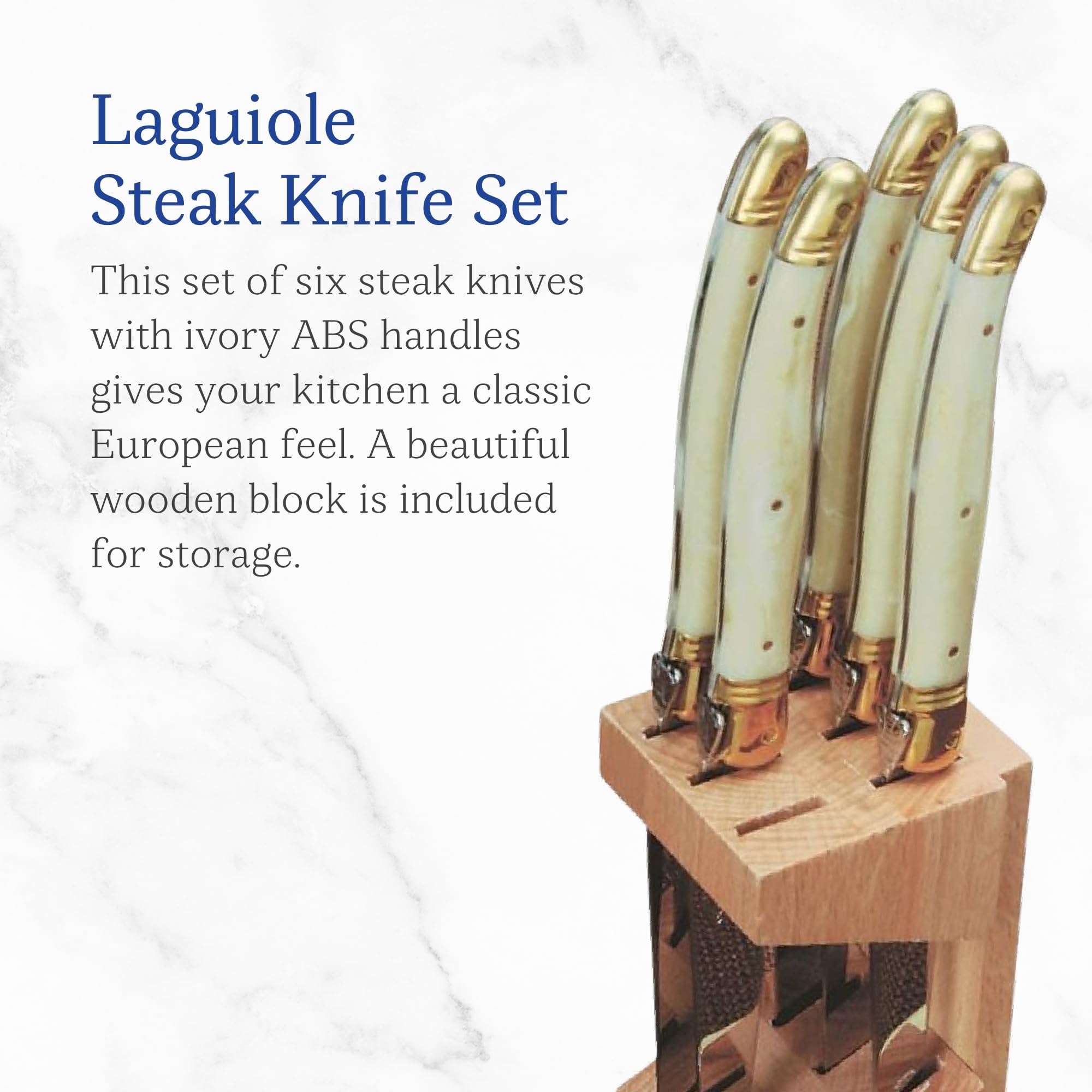 Jean Dubost 6 Steak Knives in Wooden Block, Ivory