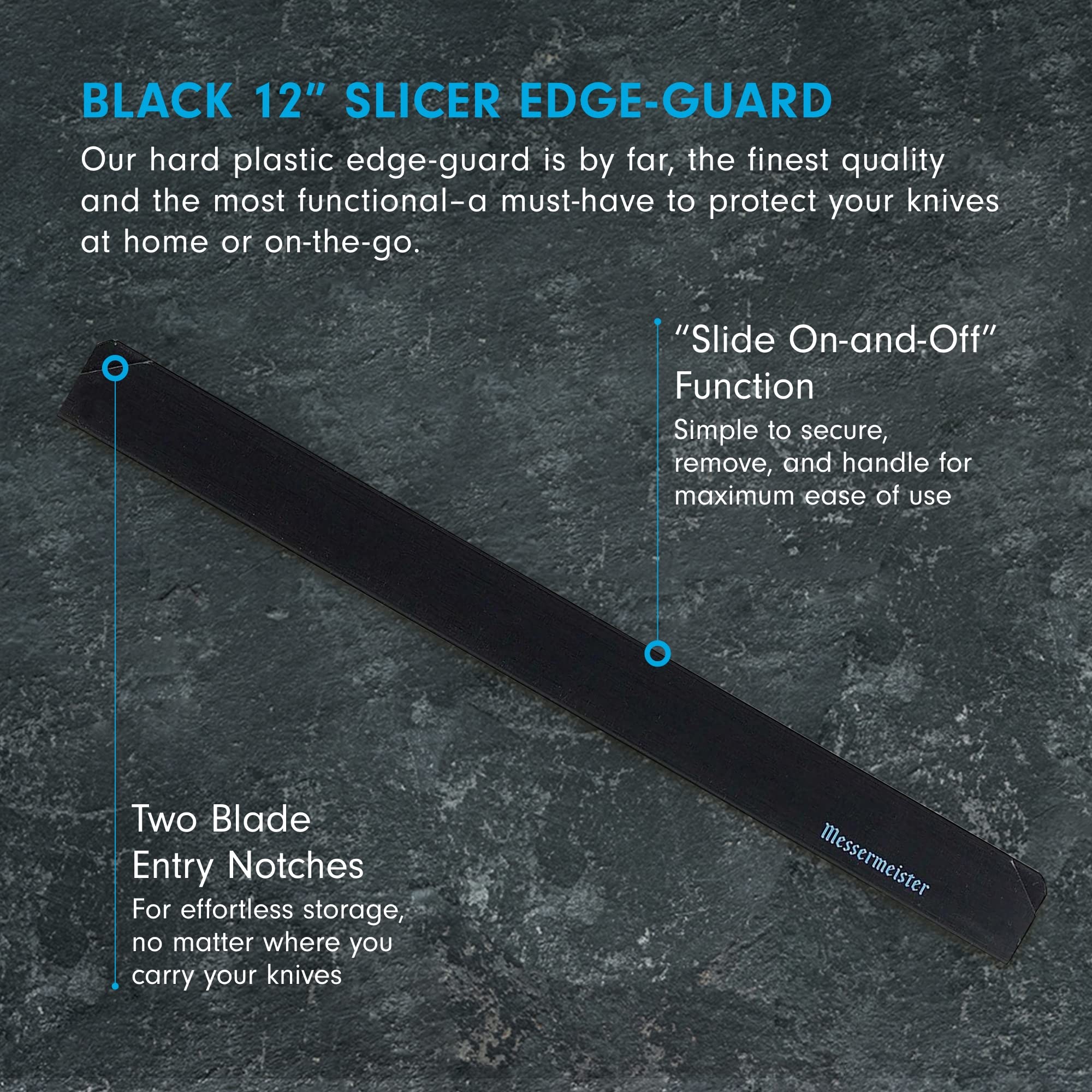 Messermeister 12” Slicer Edge-Guard, Black - Fashionable & Functional Knife Protector for Carving & Slim-Blade Knives - 2 Blade Entry Notches - 12.5” x 0.9375”