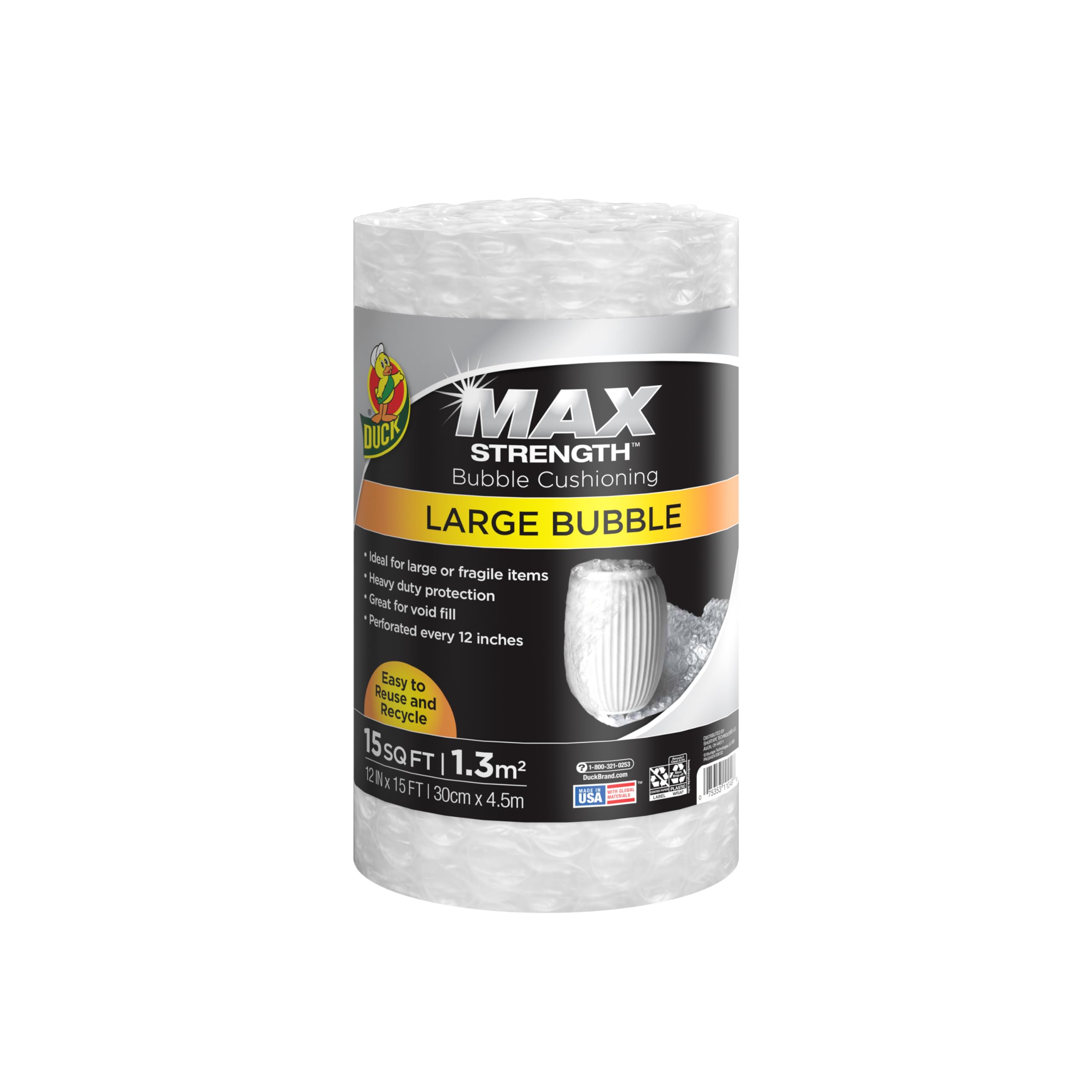 Duck Brand Large Bubble Wrap Roll, 5/16" Large Bubble Cushioning, 12" x 15', Perforated Every 12" (1304499)
