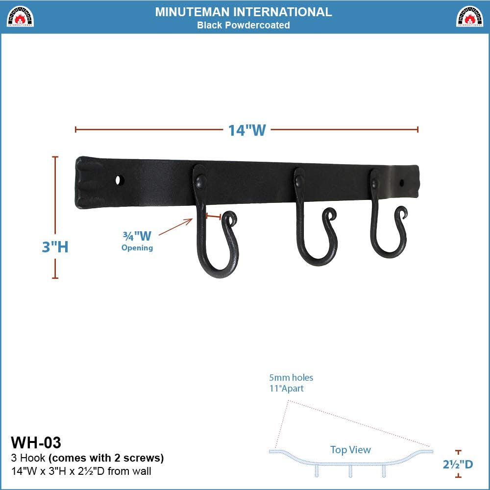 Minuteman International, 3-Hook Wall Bracket, Black