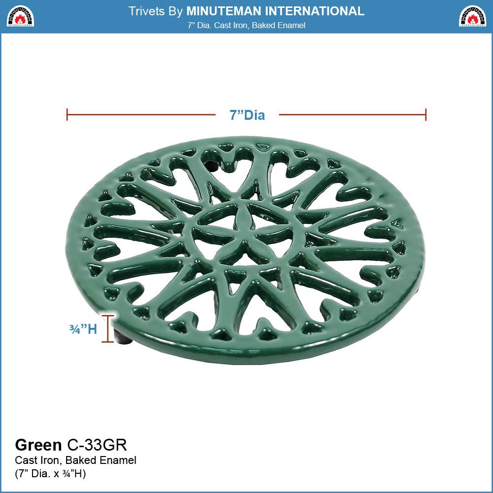 Minuteman International Sunburst, Green woodstove Tabletop cast Iron Trivet, 7" Diameter