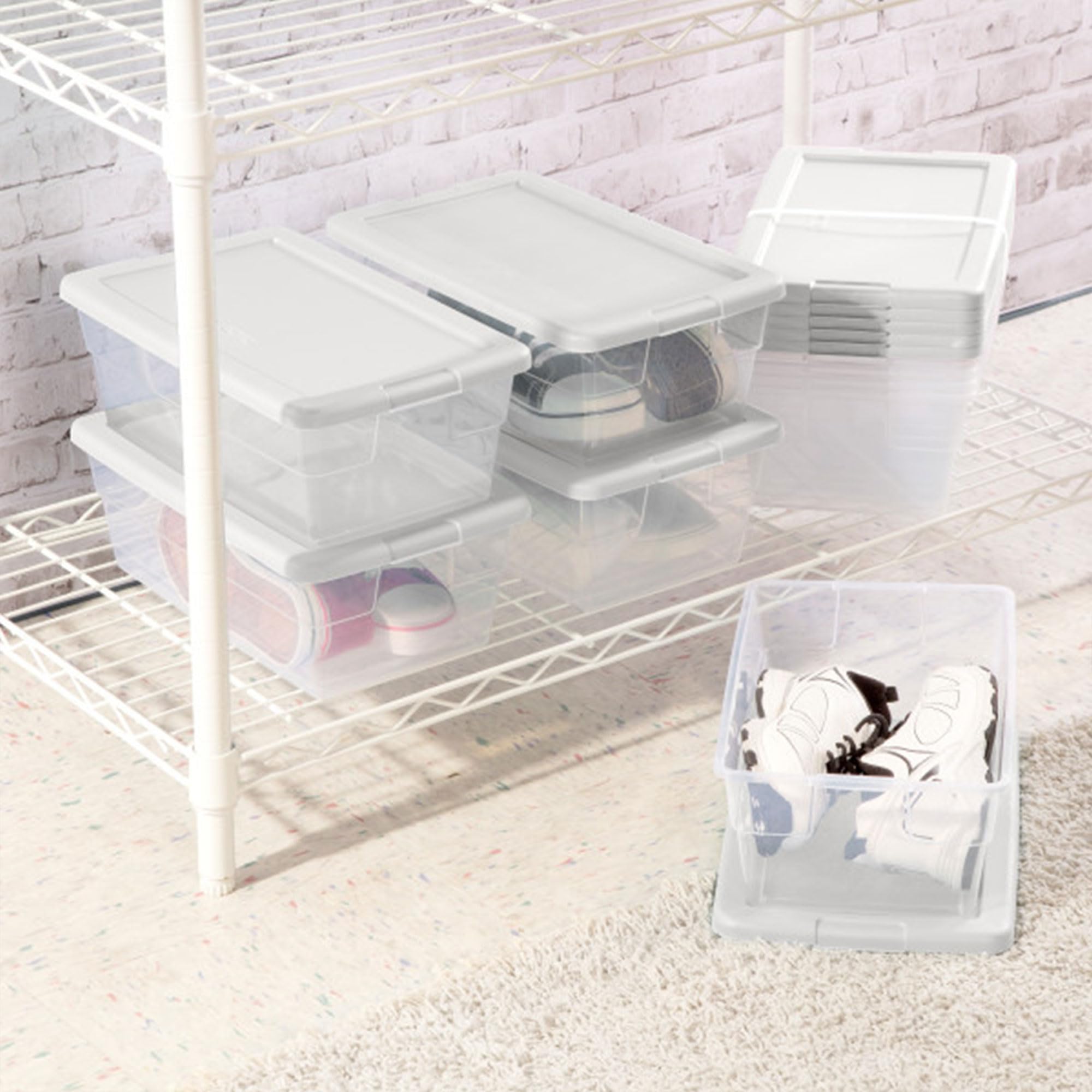 Sterilite 6 Qt Clear Plastic Stackable Storage Bin w/White Latching Lid Organizing Solution, 12 Pack