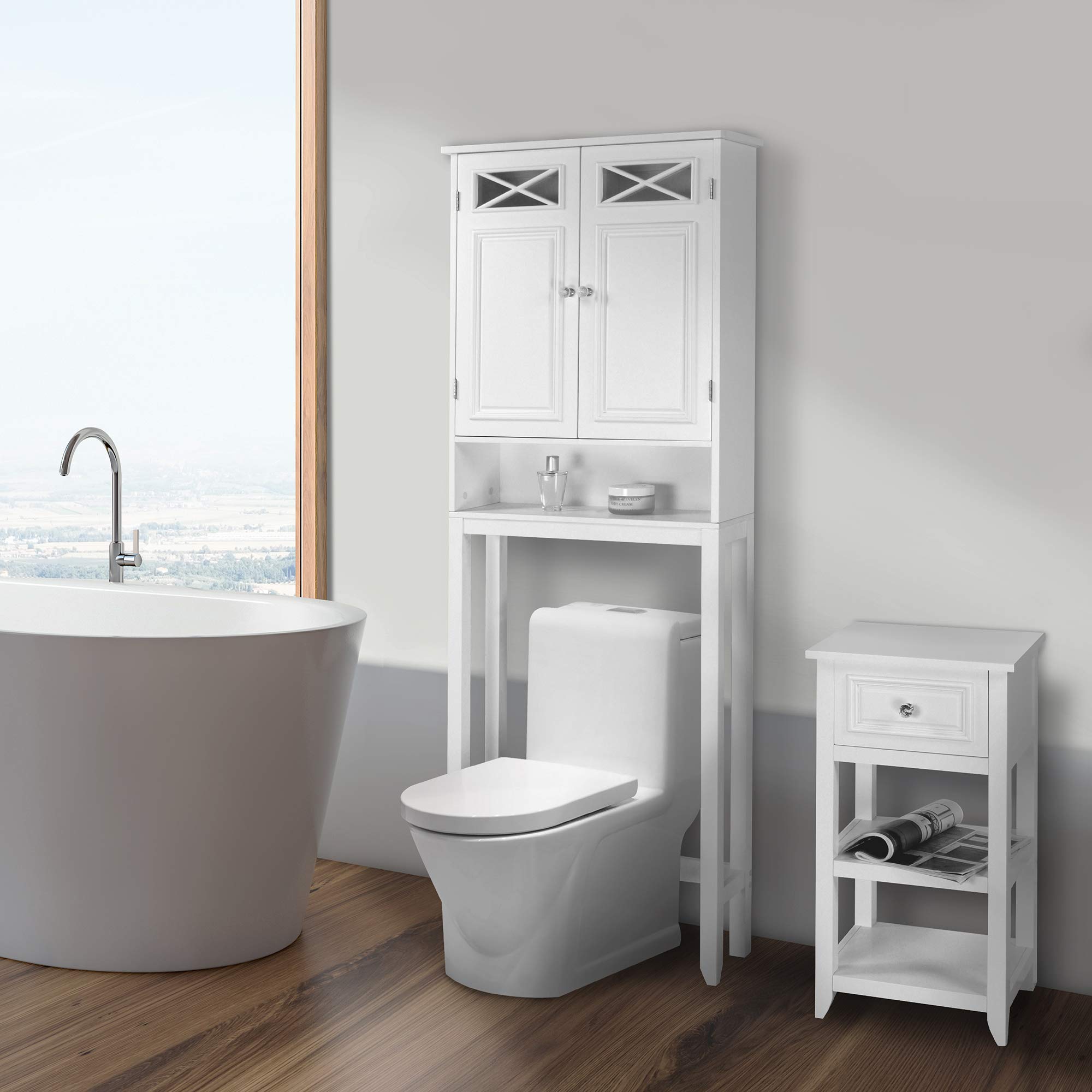 Elegant Home Fashions Dawson Wooden Space Saver with Cross Molding and 2 Doors, White