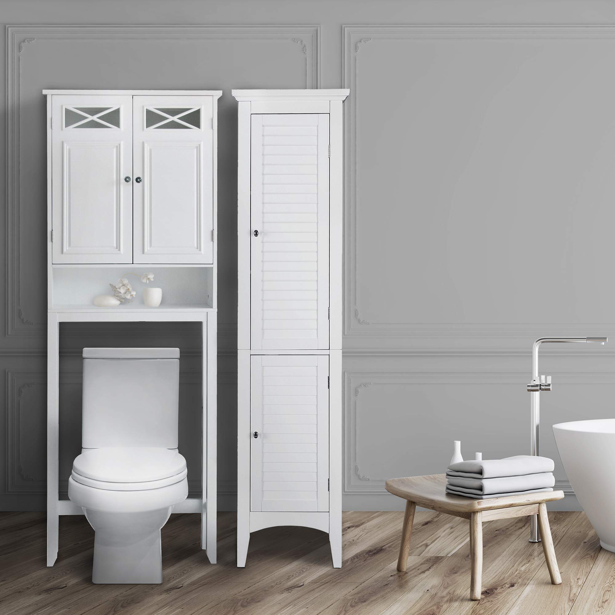 Elegant Home Fashions Dawson Wooden Space Saver with Cross Molding and 2 Doors, White