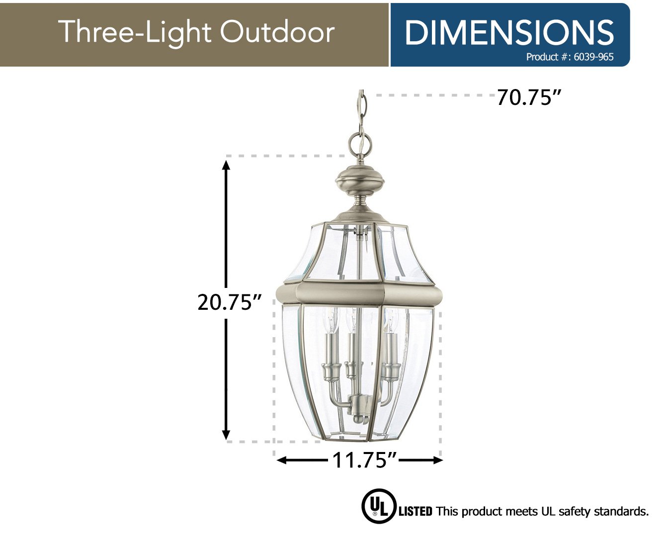 Sea Gull Lighting 6039-965 Lancaster Outdoor Pendant Lantern Outside Fixture, Three - Light, Gray