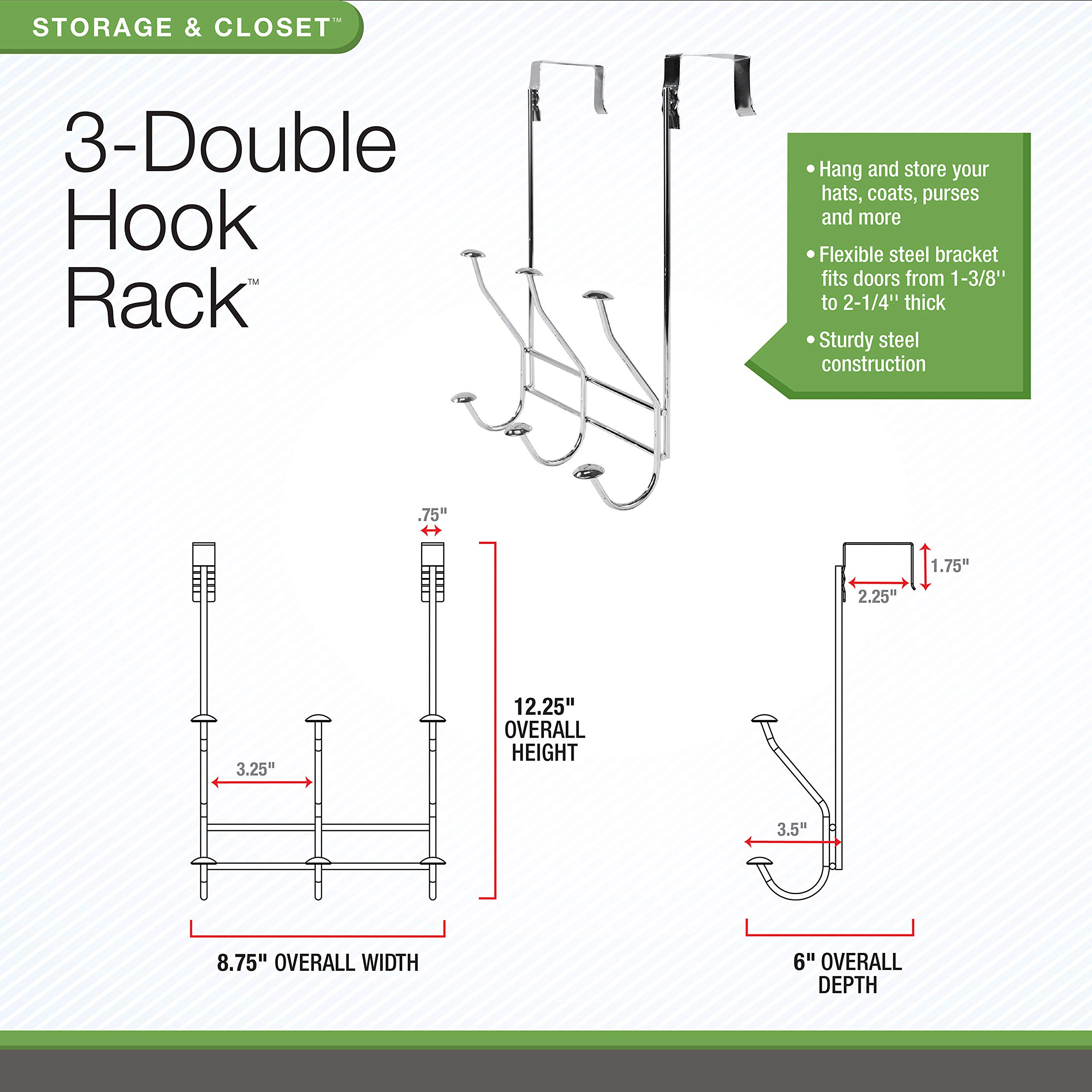 Spectrum Diversified Windsor Over The Door 3-Hook Rack, Chrome