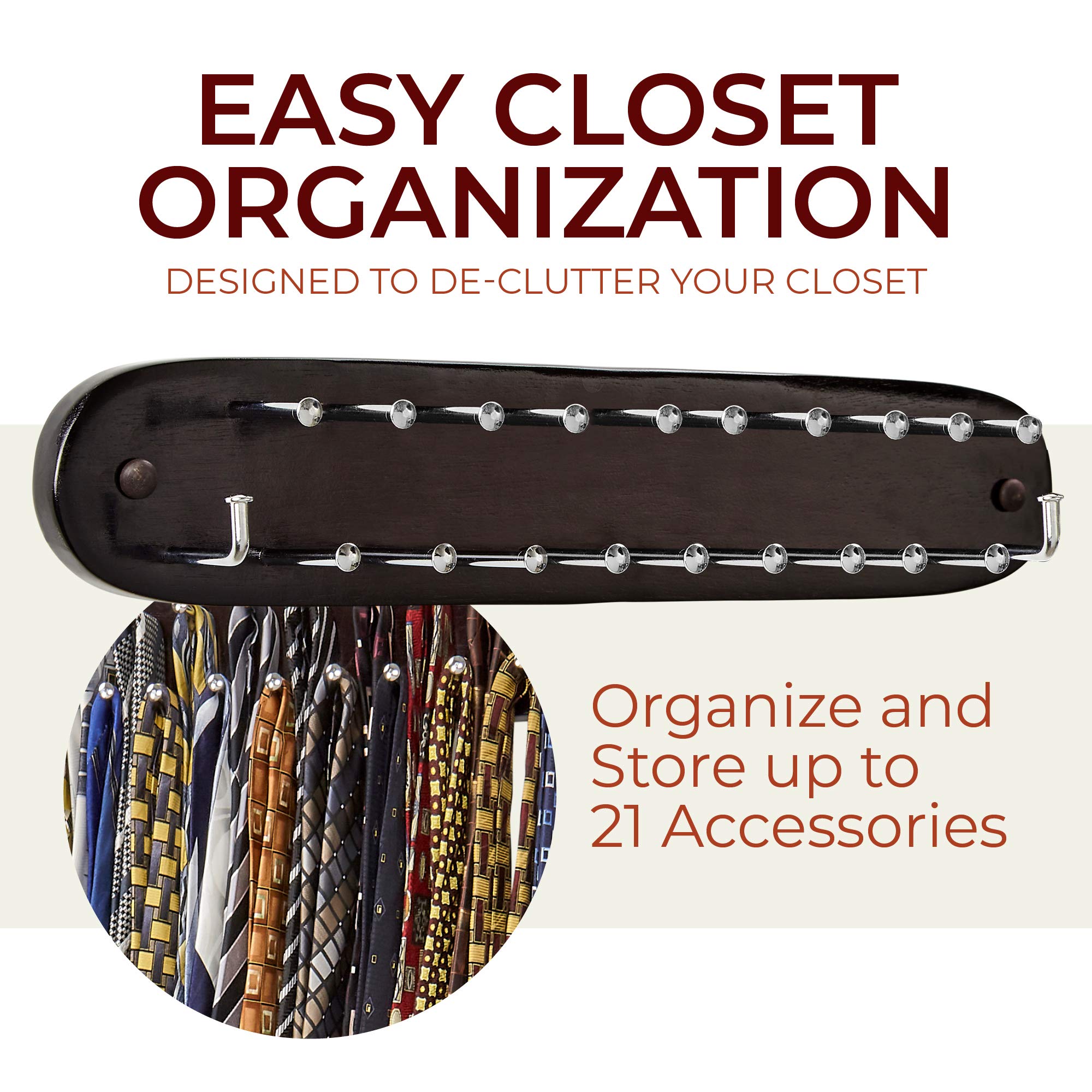 Richards Homewares Wall Mounted Tie, Belt and Scarf Hanger, Holds Up to 21-Ties, Natural Wood