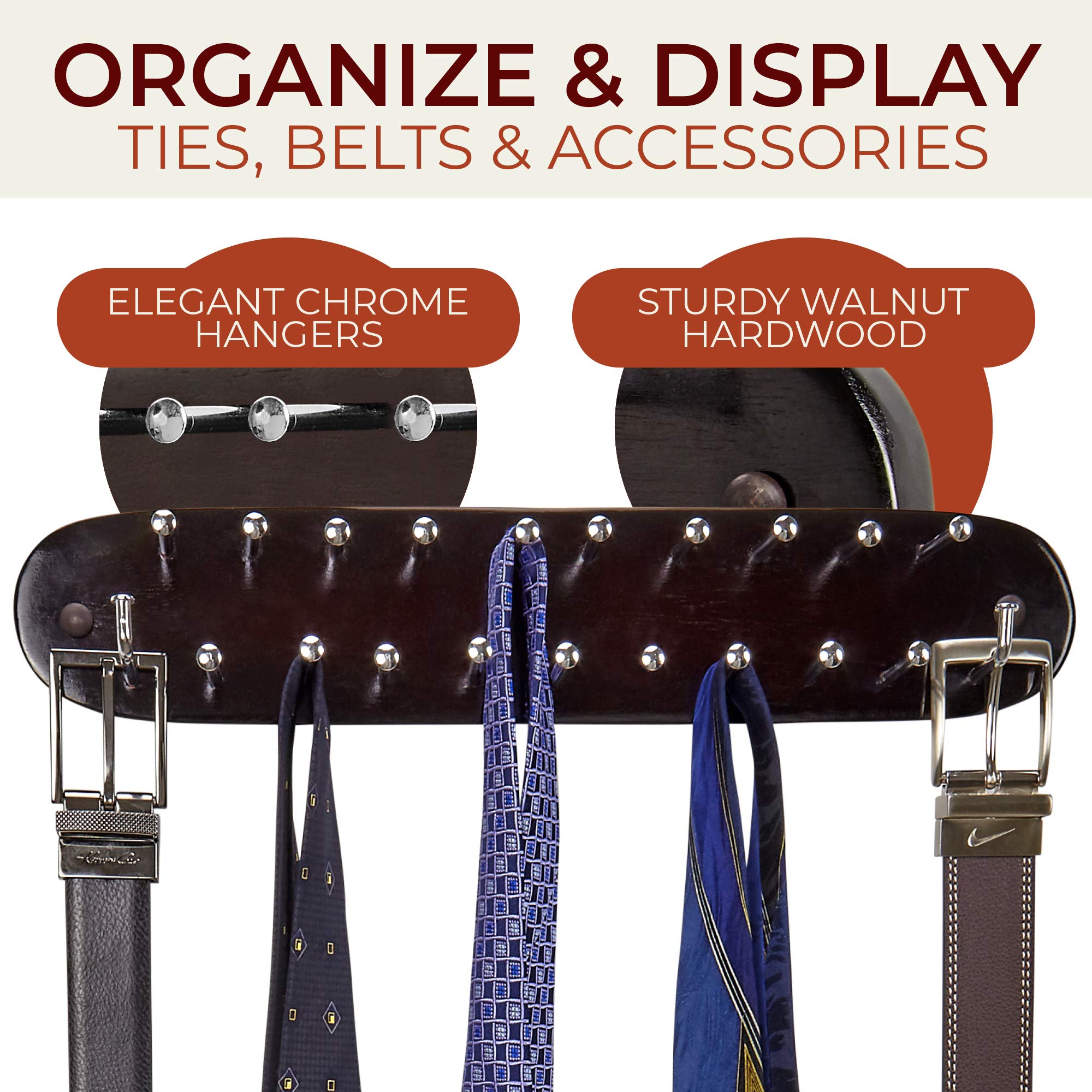 Richards Homewares Wall Mounted Tie, Belt and Scarf Hanger, Holds Up to 21-Ties, Natural Wood
