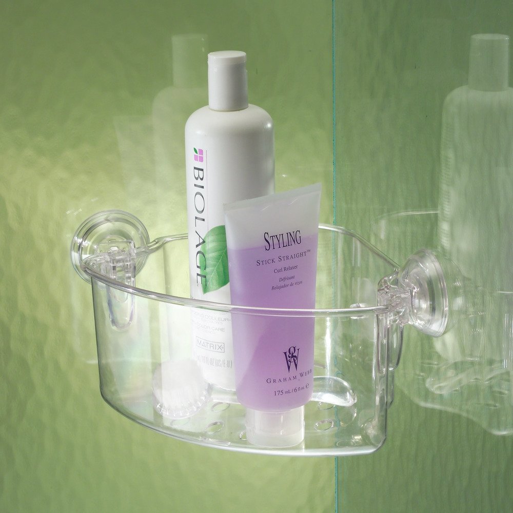 iDesign BPA-Free Plastic Power Lock Suction Corner Storage Shelf - 5" x 11" x 7.8", Clear