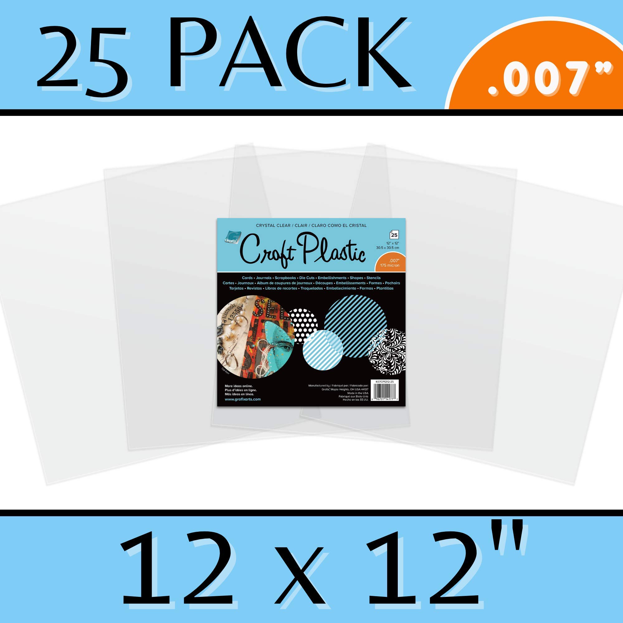Grafix Ultra Clear .007 Plastic, Durable and Archival Film, Perfect for DIY Crafts, Stencils, Journals, Cards, 3D Embellishments, and More, 12" x 12", 25 Pack