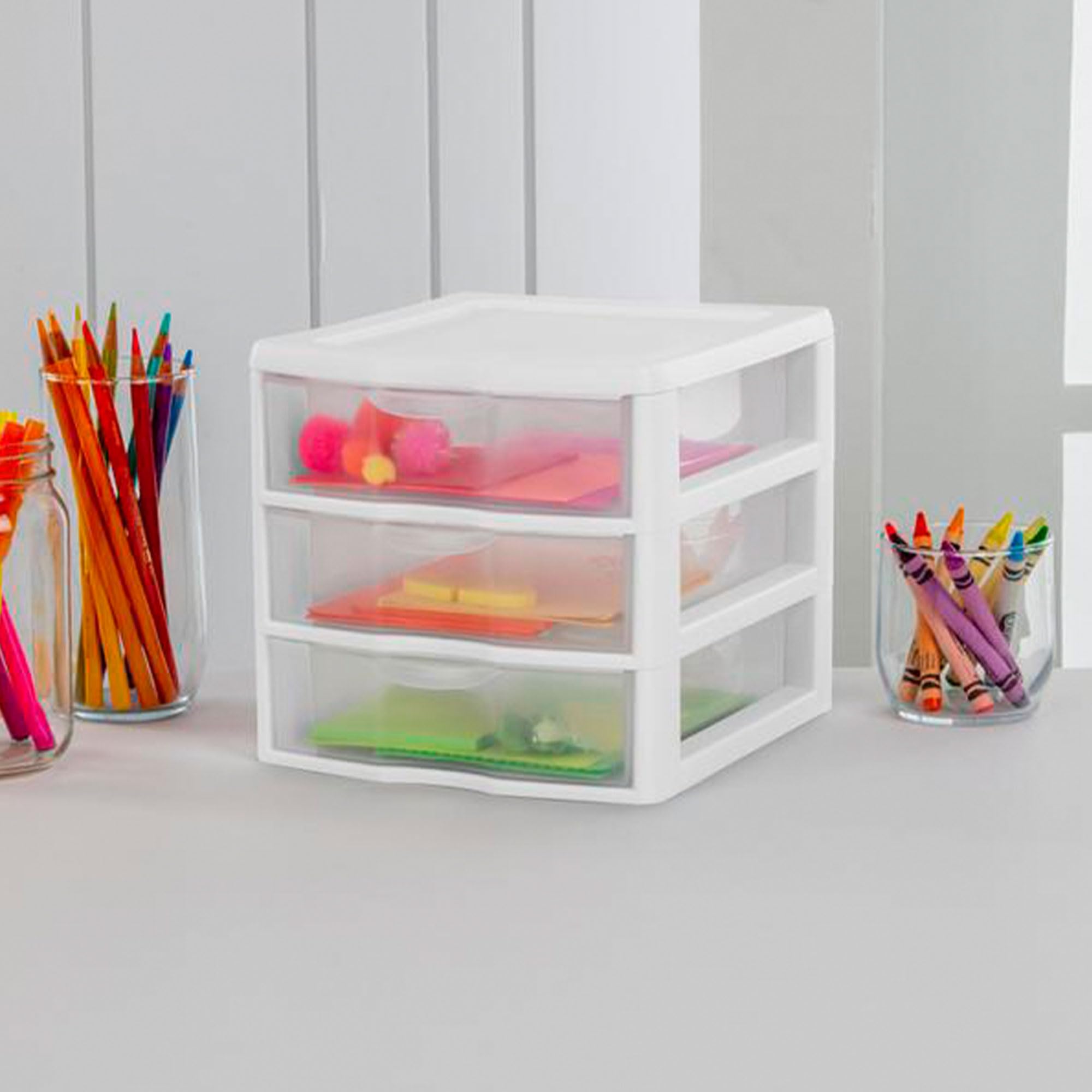 Sterilite 20738006 Small 3 Drawer Unit, White Frame with Clear Drawers, 6-Pack