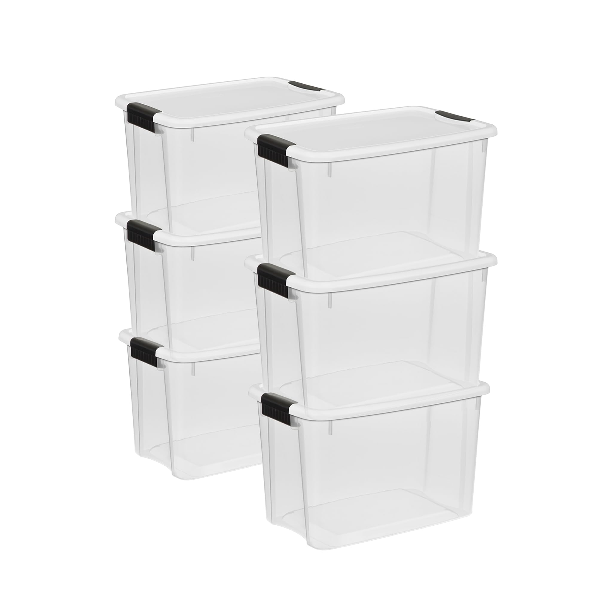 Sterilite 19859806, 30 Quart/28 Liter Ultra Latch Box, Clear with a White Lid and Black Latches, 6-Pack