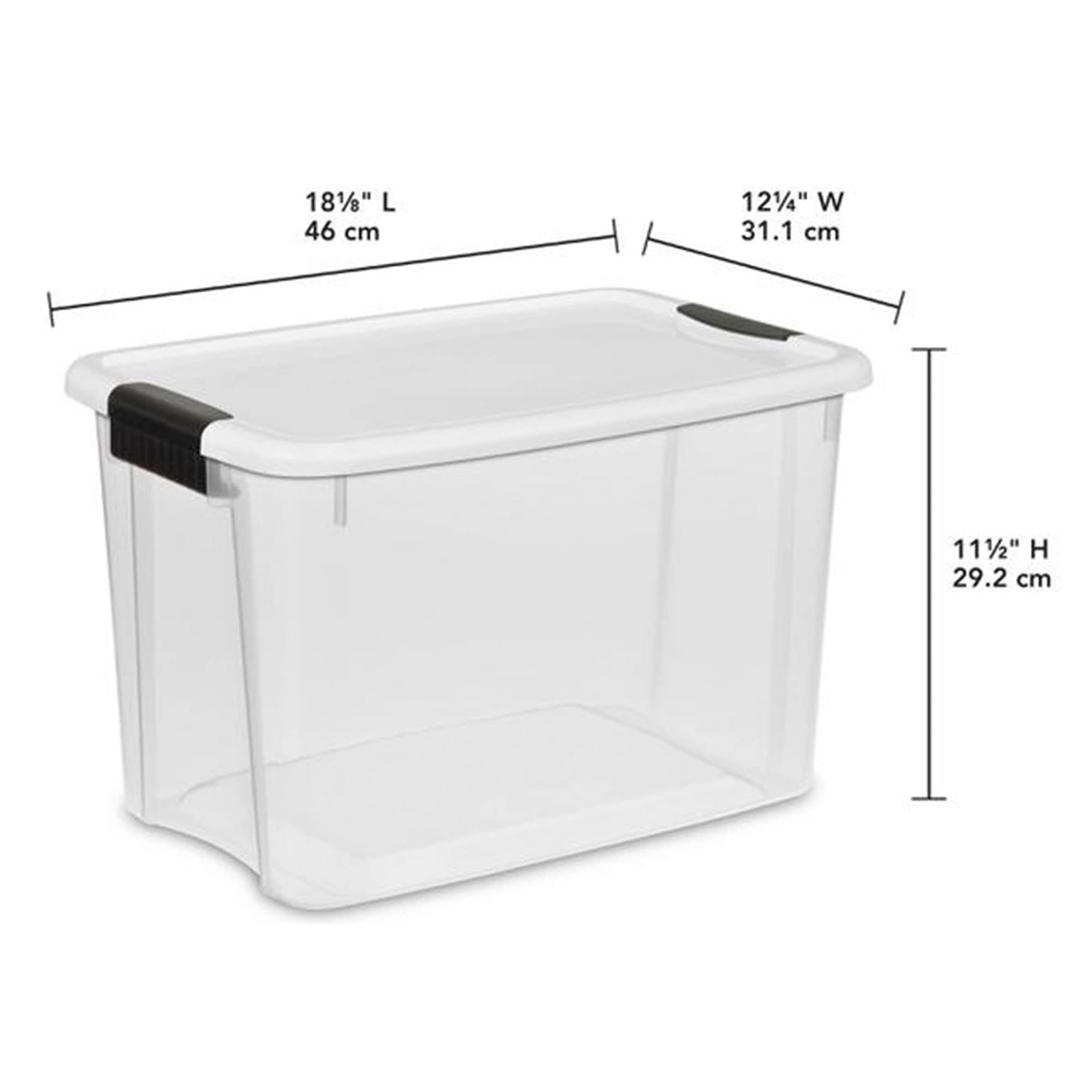 Sterilite 19859806, 30 Quart/28 Liter Ultra Latch Box, Clear with a White Lid and Black Latches, 6-Pack