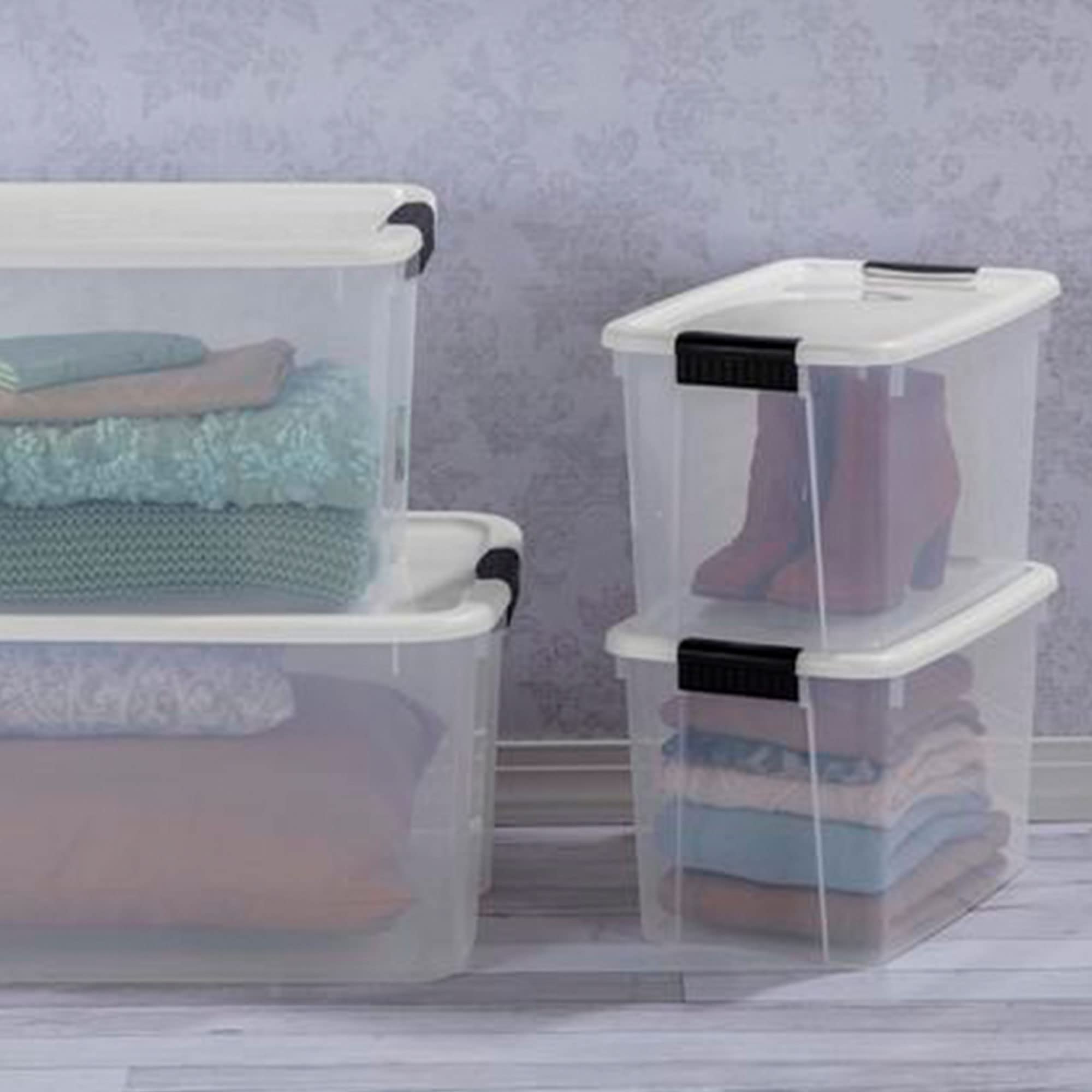 Sterilite 19859806, 30 Quart/28 Liter Ultra Latch Box, Clear with a White Lid and Black Latches, 6-Pack