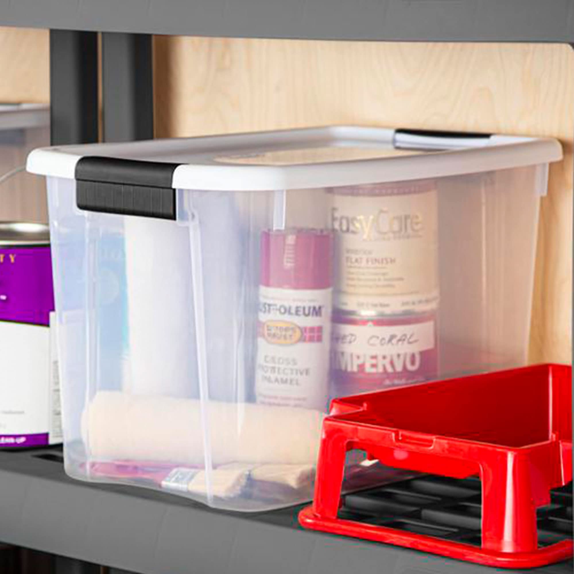 Sterilite 19859806, 30 Quart/28 Liter Ultra Latch Box, Clear with a White Lid and Black Latches, 6-Pack