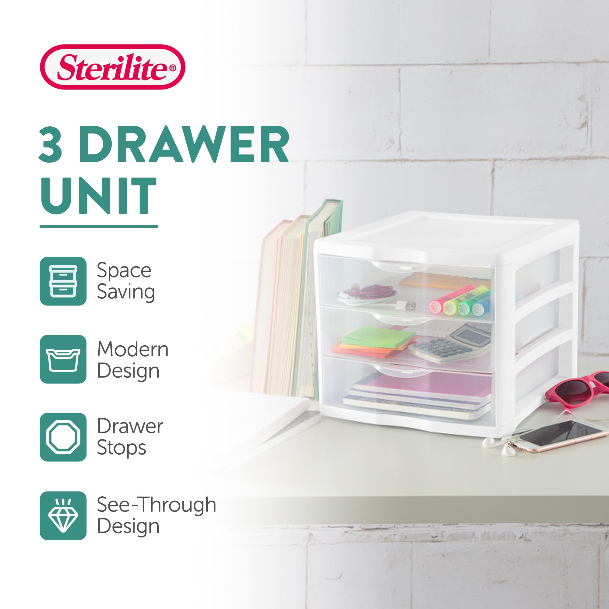 Sterilite 17918004 3 Drawer Unit, White Frame with Clear Drawers, Pack of 4