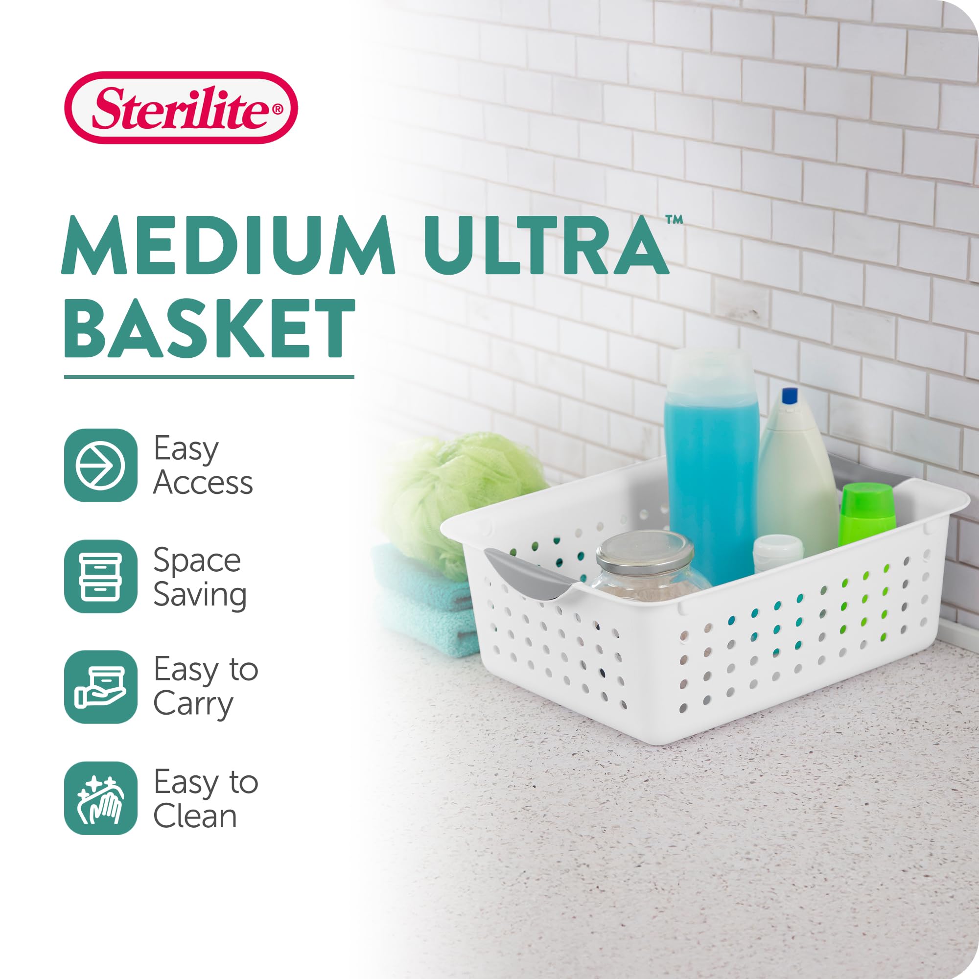 Sterilite 16248006 Medium Ultra Basket, White Basket w/ Titanium Inserts, 6-Pack