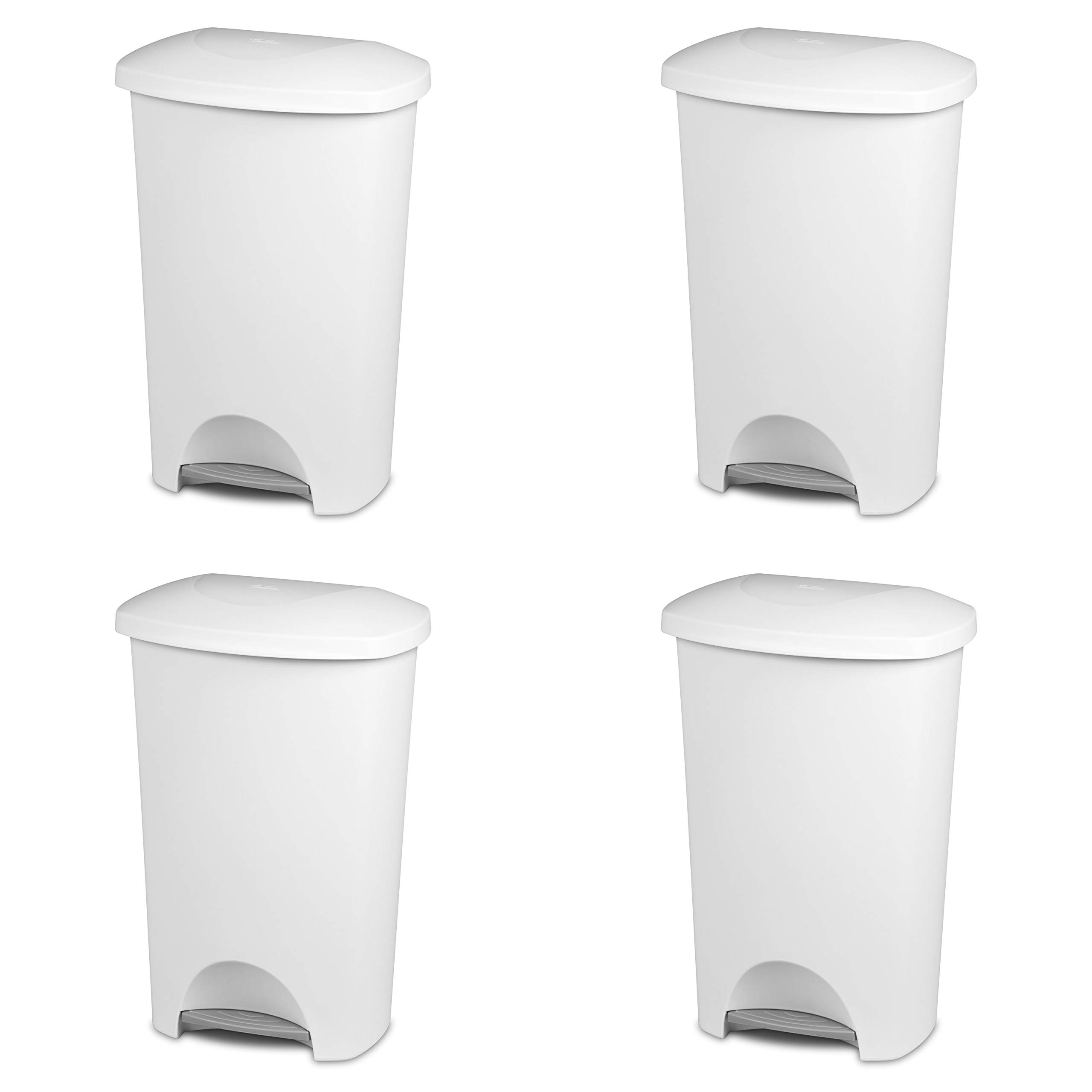 Sterilite 10968004 11 Gallon/42 Liter StepOn Wastebasket, White Lid & Base w/ Titanium Pedal, 4-Pack