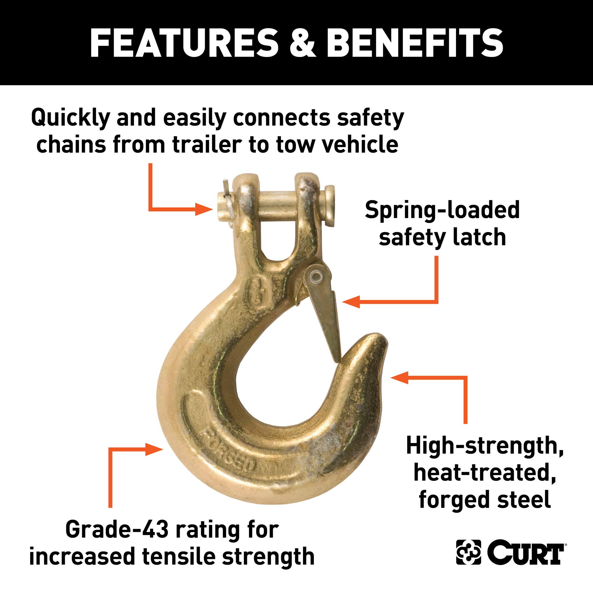 CURT 81560 3/8-Inch Forged Steel Clevis Slip Hook with Safety Latch, 18,000 lbs, 1-In Opening, 3/8" Pin