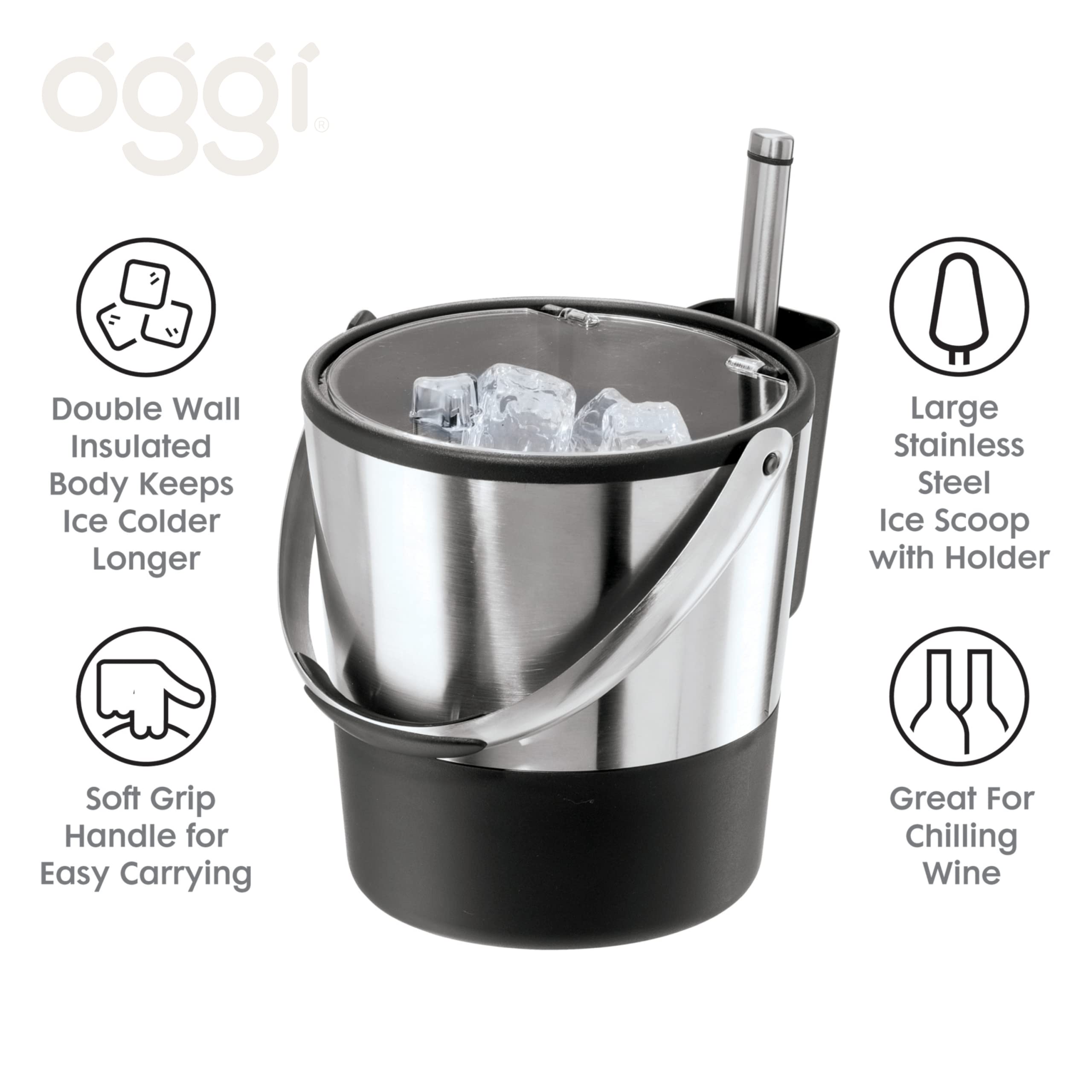 Oggi Insulated Ice Bucket, 4 Quart / 3.8 L, Stainless Steel, Black