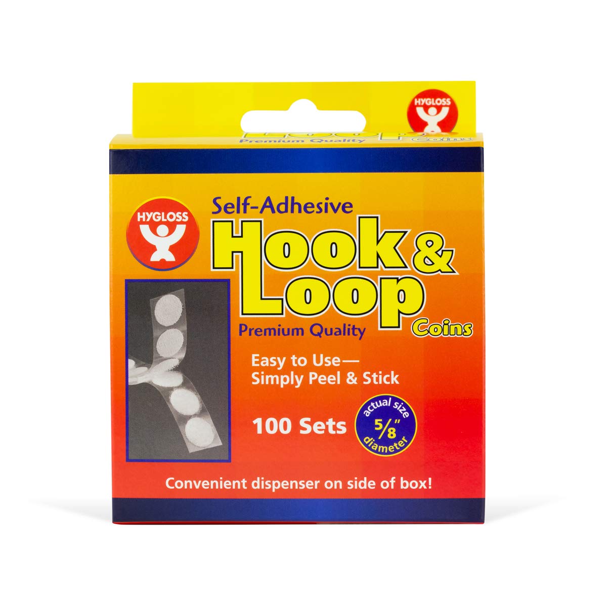 Hygloss Products Self Adhesive Coins - 100 Hook and Loop Fastener Sticky Dots With Dispenser β 5/8 Inches, White