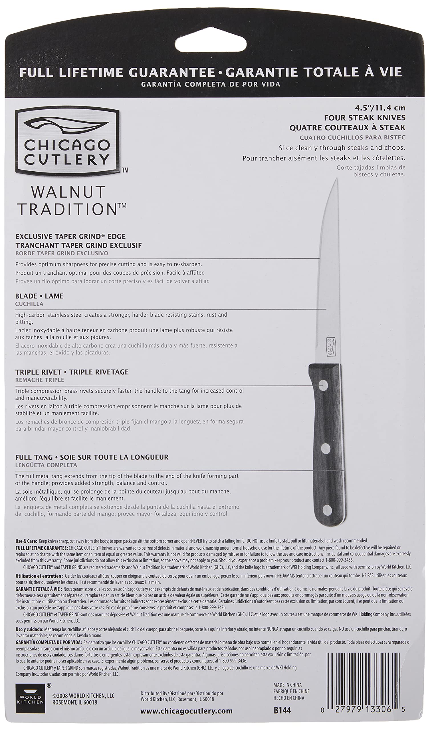 Chicago Cutlery B144 4pc Walnut Tradition Steak Knife Set