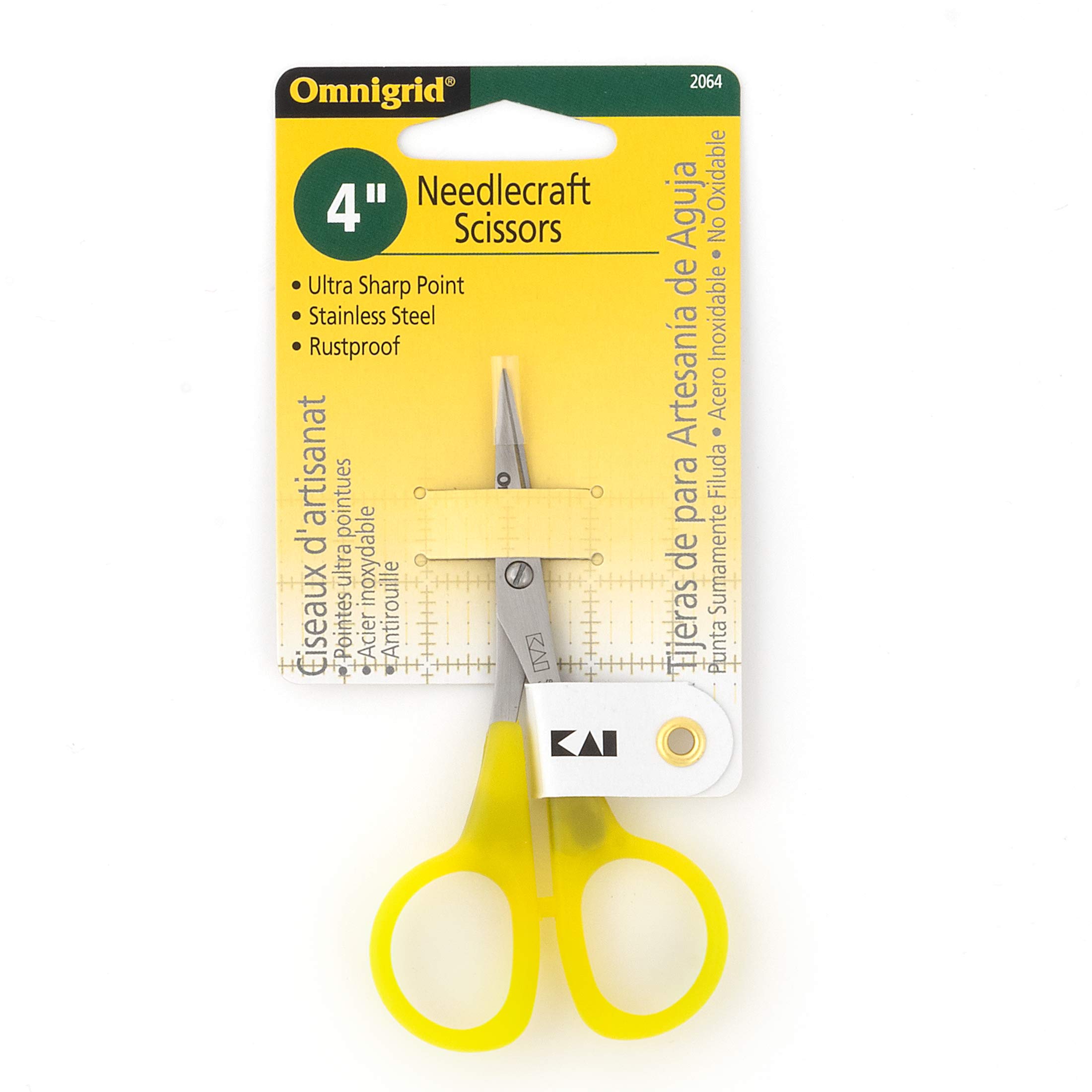 Omnigrid 4-Inch, Ultra Sharp Point, Stainless Steel, 1 Count Needlecraft Scissors, Оnе Расk, Yellow