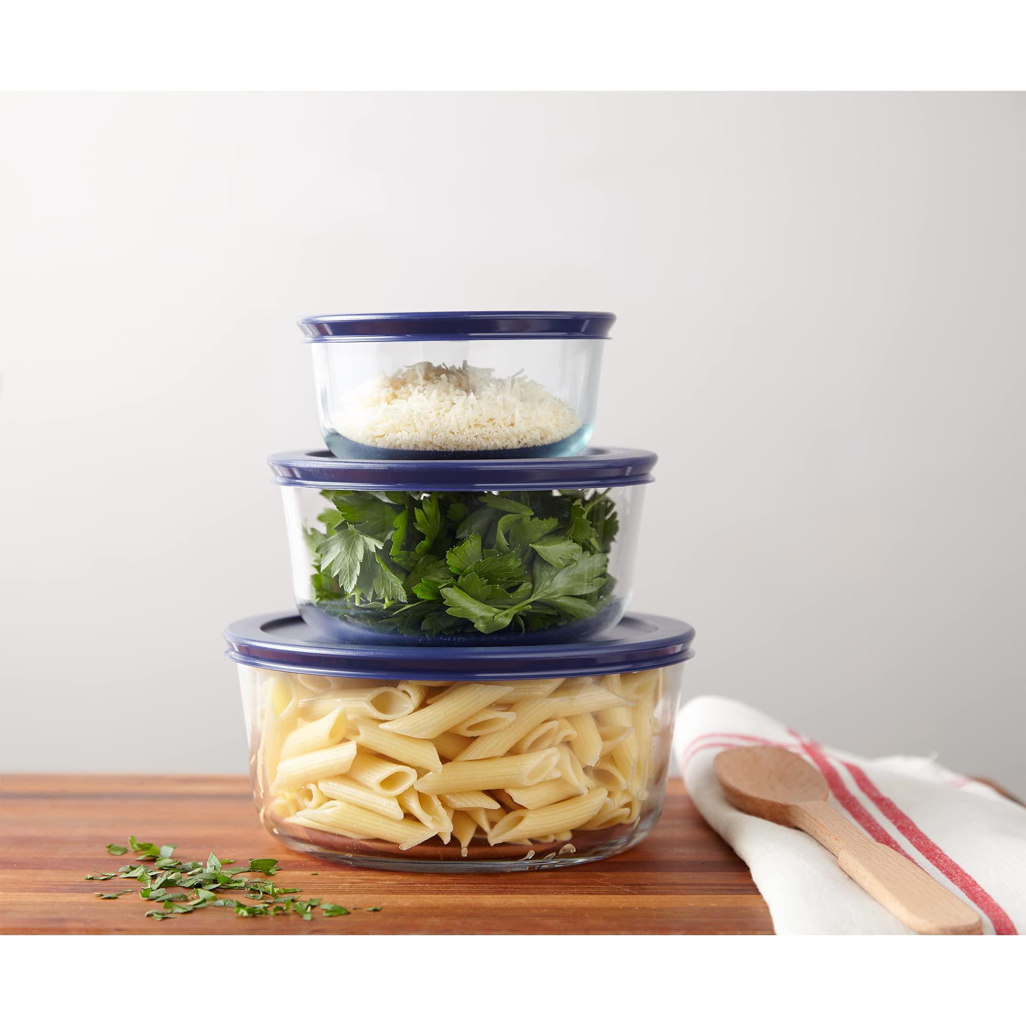Pyrex Simply Store 6-Pc Glass Food Storage Container Set with Lid, 7-Cup, 4-Cup, & 2-Cup Round Glass Storage Containers with Lid, BPA-Free Lid, Dishwasher, Microwave and Freezer Safe