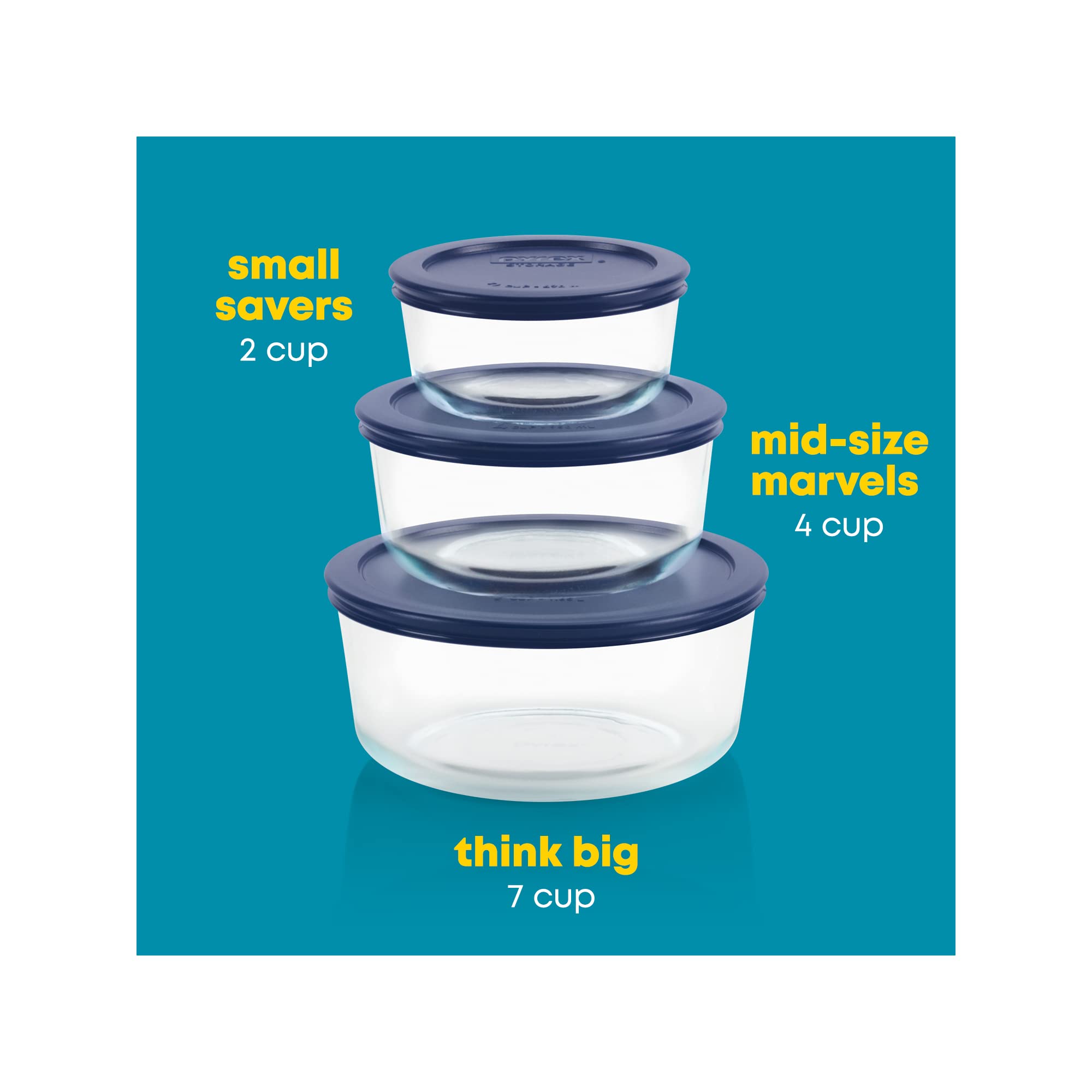 Pyrex Simply Store 6-Pc Glass Food Storage Container Set with Lid, 7-Cup, 4-Cup, & 2-Cup Round Glass Storage Containers with Lid, BPA-Free Lid, Dishwasher, Microwave and Freezer Safe