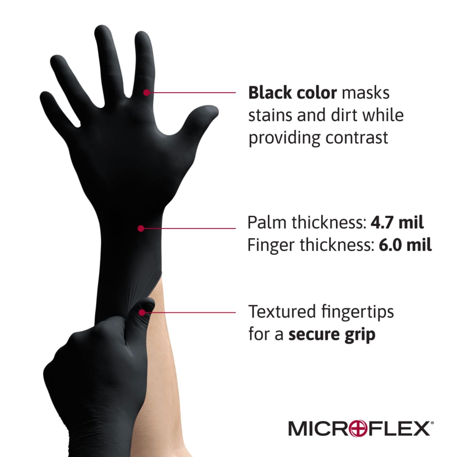 Microflex MidKnight MK-296 Disposable Nitrile Gloves for Automotive, Law Enforcement w/ Full Texture - X-Large, Black (Box of 100)