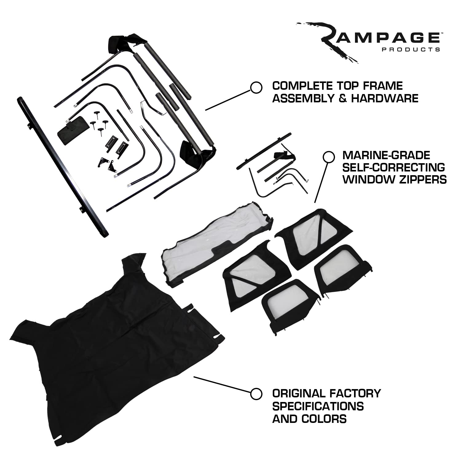 Rampage Complete Soft Top | Vinyl, White with Tinted Windows, includes Frame & Hardware | 98402 | Fits 1966 - 1977 Ford Bronco