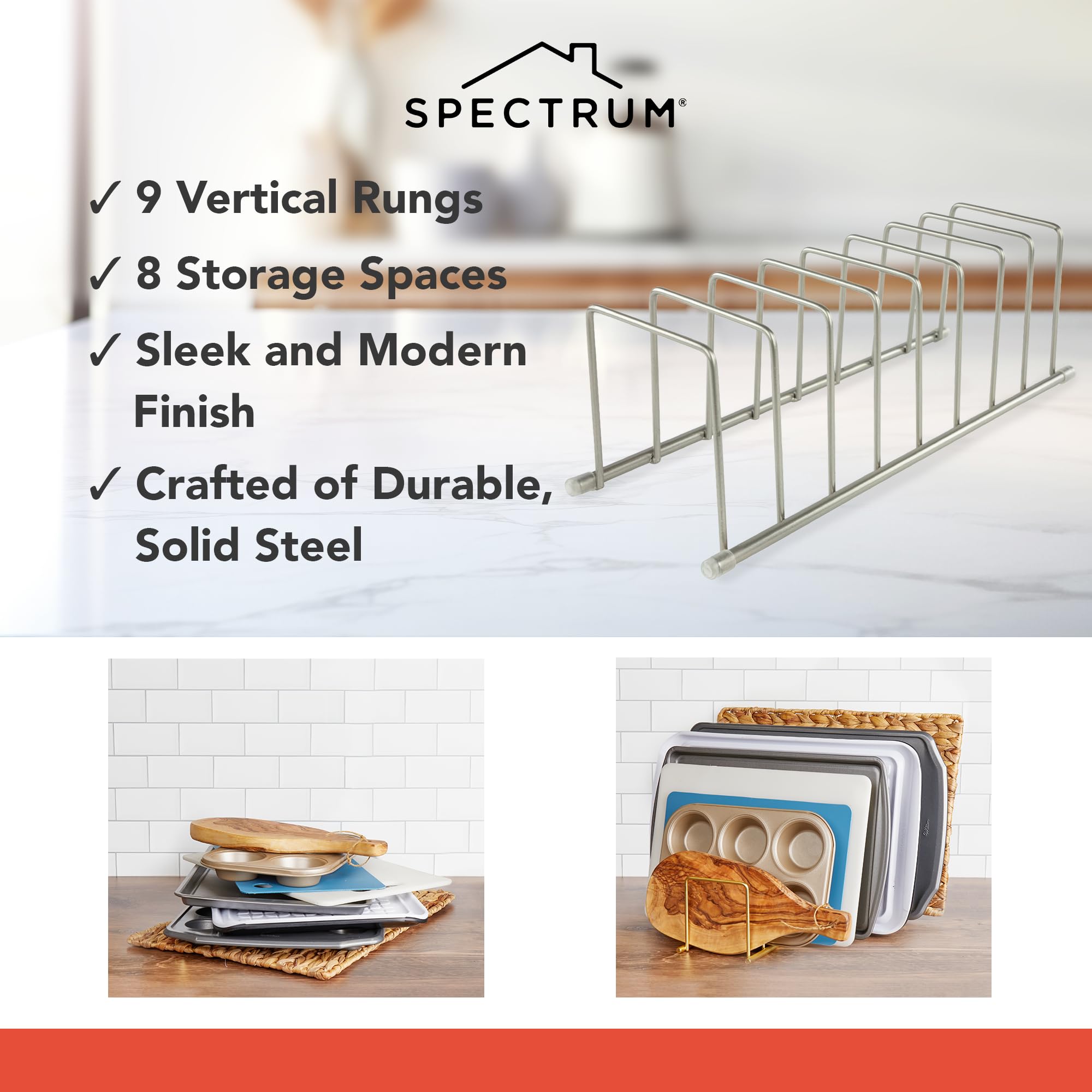 Spectrum Diversified Euro Kitchen Organizer for Plates, Cutting Boards, Bakeware Cooling Racks, Pots & Pans, Serving Trays, Reusable Containers, and Lids, Satin Nickel