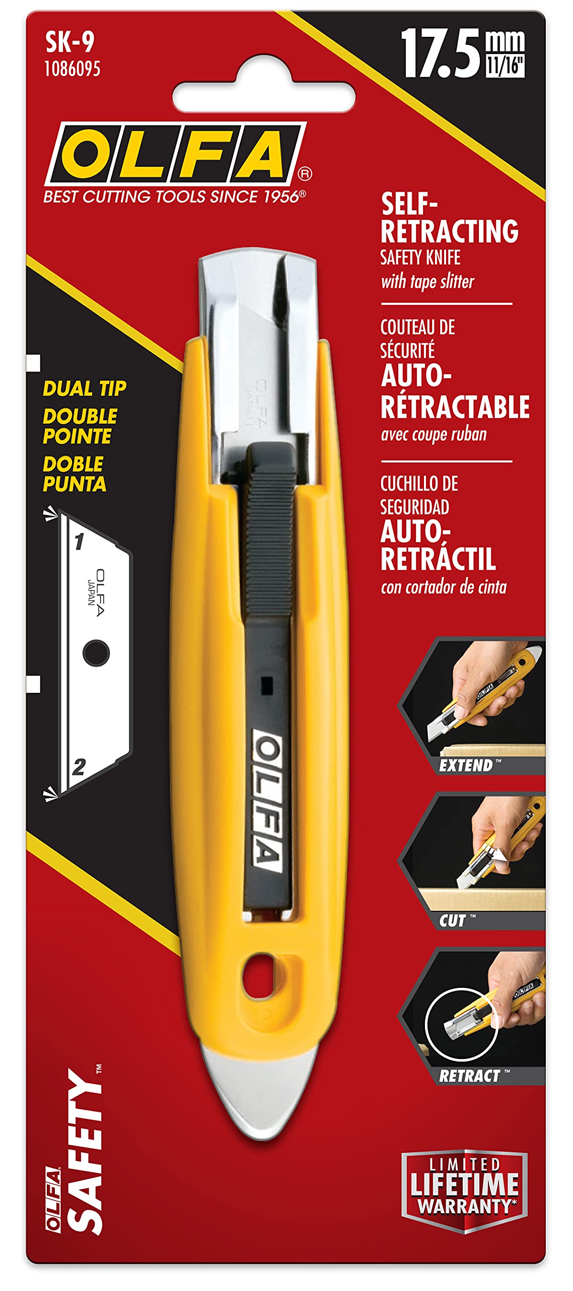 OLFA Self-Retracting Safety Utility Knife (SK-9) - Multi-Purpose Semi-Auto Box Cutter w/ Self Retractable Blade & Tape Splitter Pick, Replacement Blades: OLFA SKB-2, SKB-2S, RSKB, & HOB Safety Blades