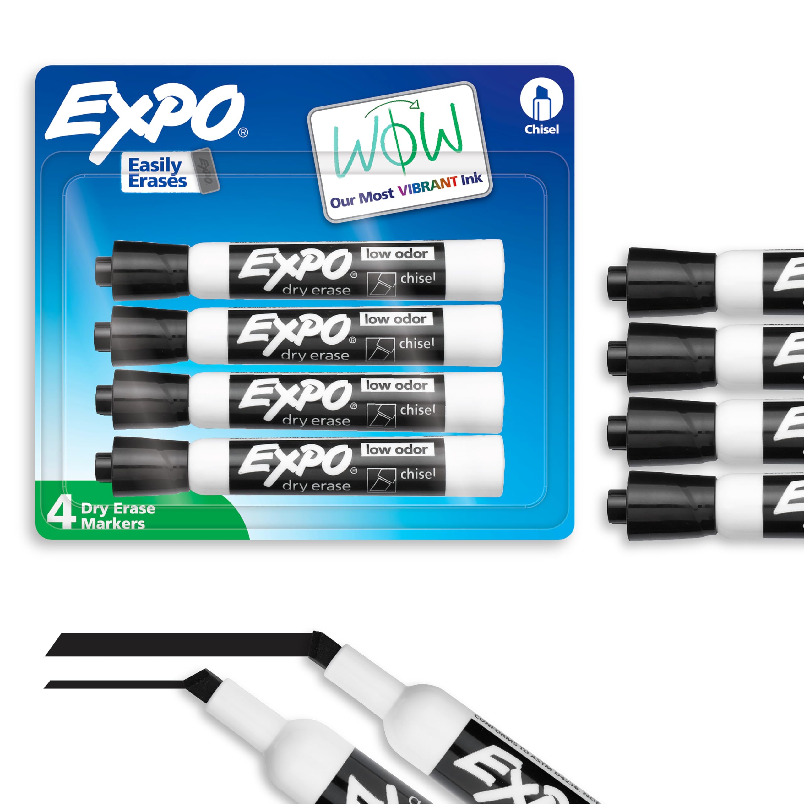 EXPO 80661 Low-Odor Dry Erase Markers, Chisel Tip, Black, 4-Count