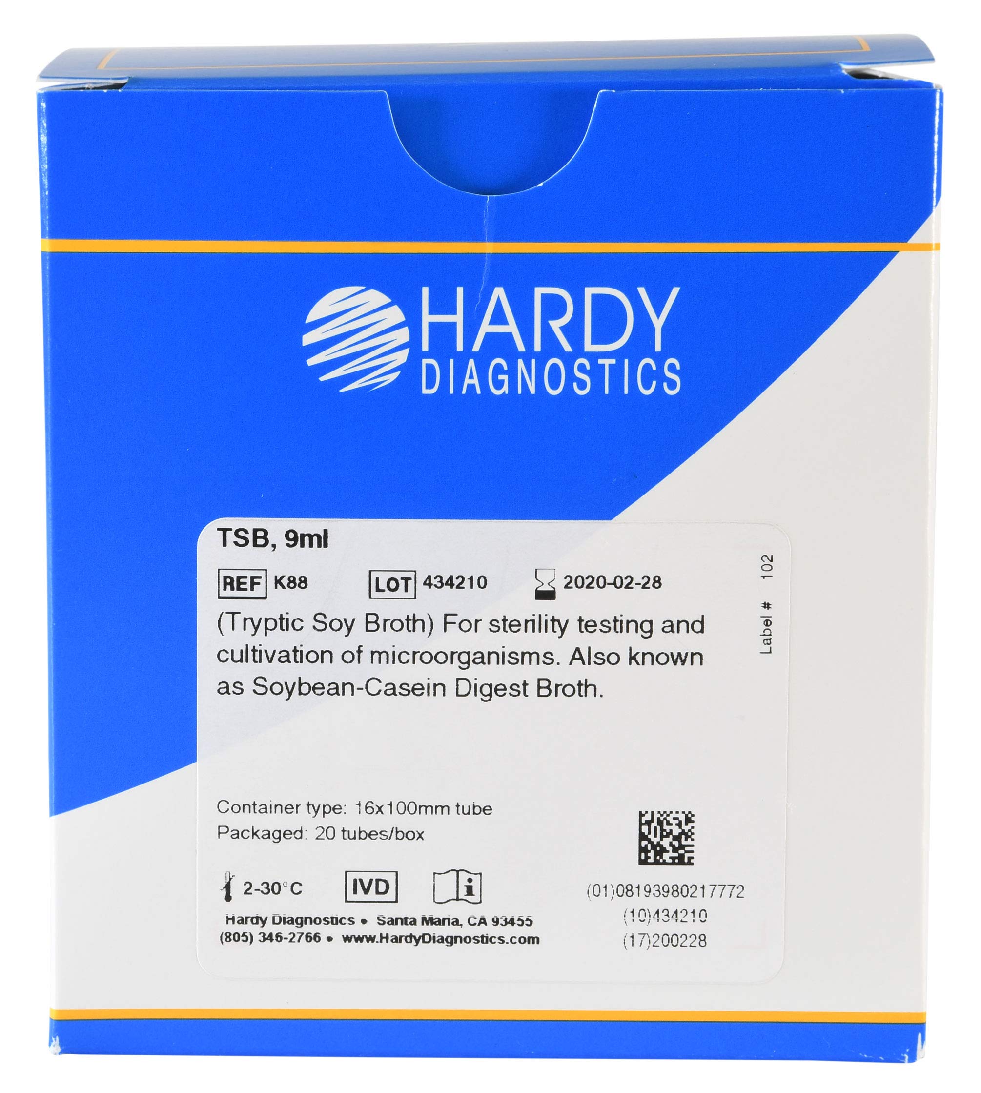 Tryptic Soy Broth (TSB), a General Growth Medium, 9 Milliliter Fill, 16x100mm Tube, Order by The Package of 20, by Hardy Diagnostics