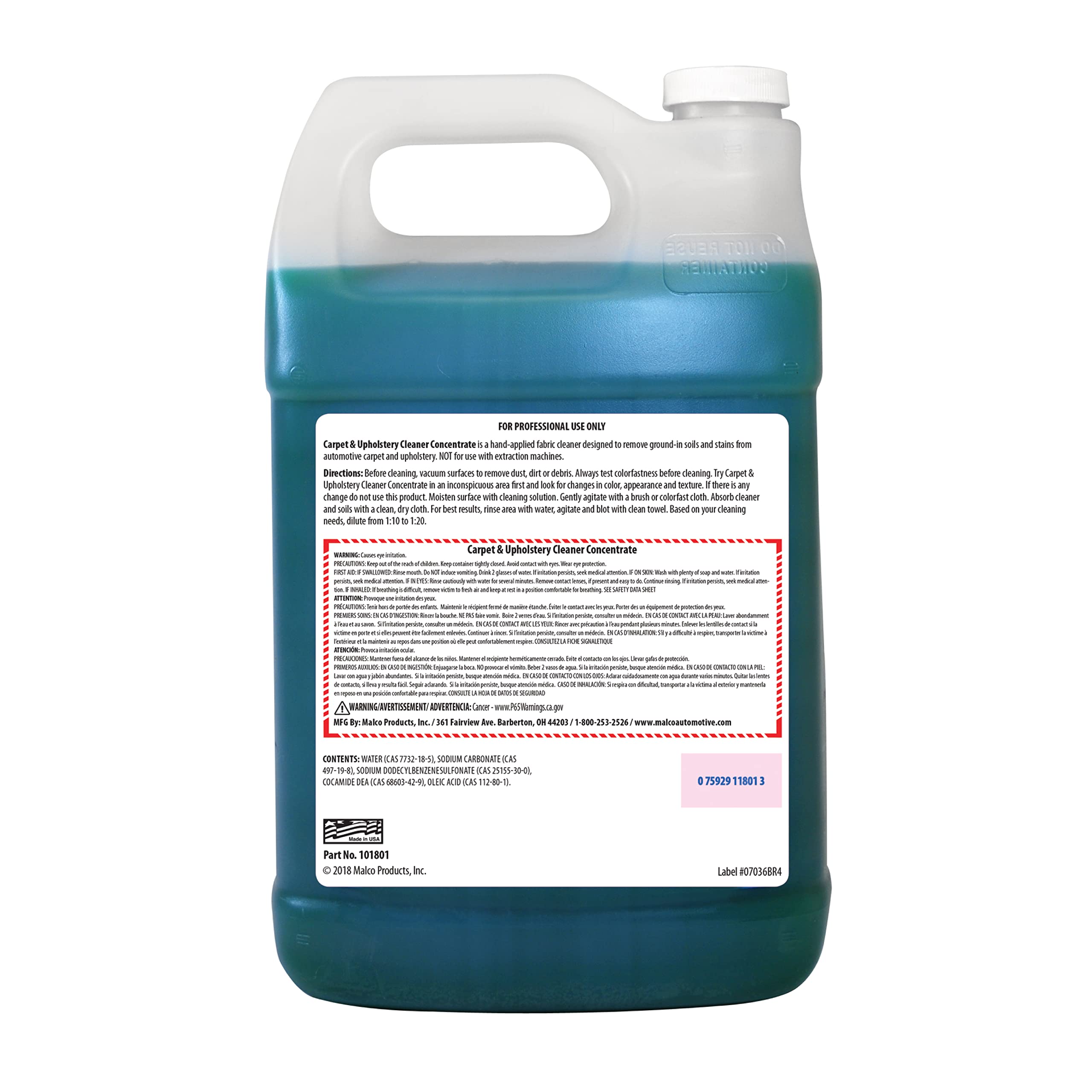 Malco Carpet and Upholstery Cleaner Concentrate - Removes Ground-in Soils and Stains from Automotive and Residential Carpet & Upholstery / 1 Gallon (101801)