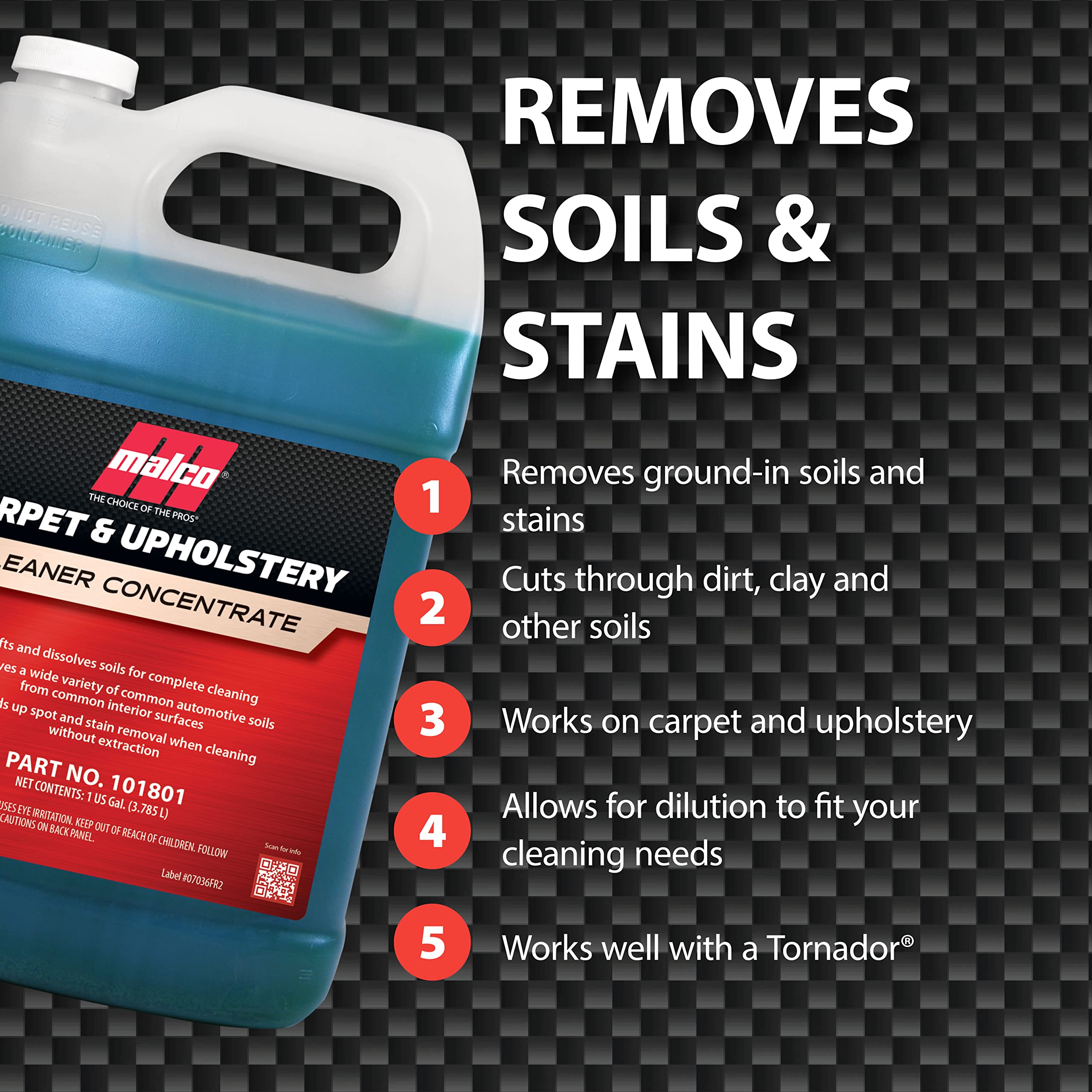 Malco Carpet and Upholstery Cleaner Concentrate - Removes Ground-in Soils and Stains from Automotive and Residential Carpet & Upholstery / 1 Gallon (101801)