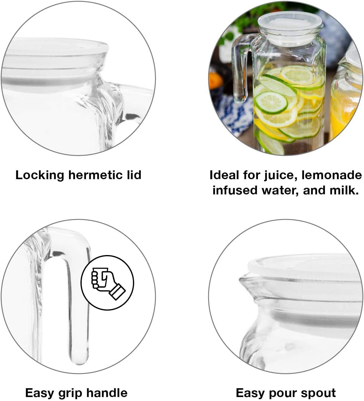 Bormioli Rocco Glass Frigoverre Jug With Airtight Lid (1 Liter): Clear Pitcher With Hermetic Sealing, Easy Pour Spout & Handle – For Water, Juice, Iced Coffee & Iced Tea