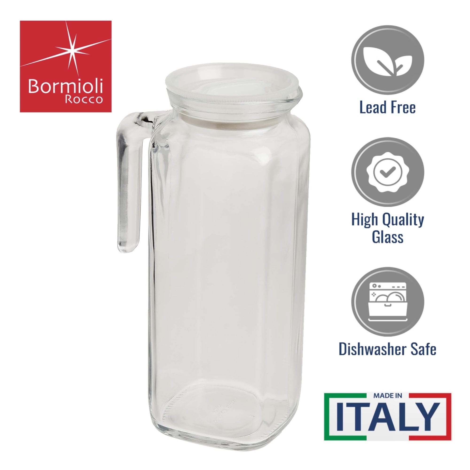 Bormioli Rocco Glass Frigoverre Jug With Airtight Lid (1 Liter): Clear Pitcher With Hermetic Sealing, Easy Pour Spout & Handle – For Water, Juice, Iced Coffee & Iced Tea