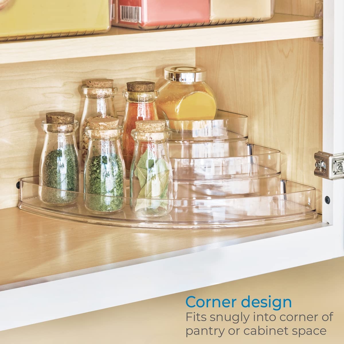 iDesign Recycled Plastic 3-Tier Stadium Spice Rack Organizer for Kitchen, Fridge, Freezer, Pantry and Cabinet Organization, The Linus Collection โ 14" x 10" x 4", Clear