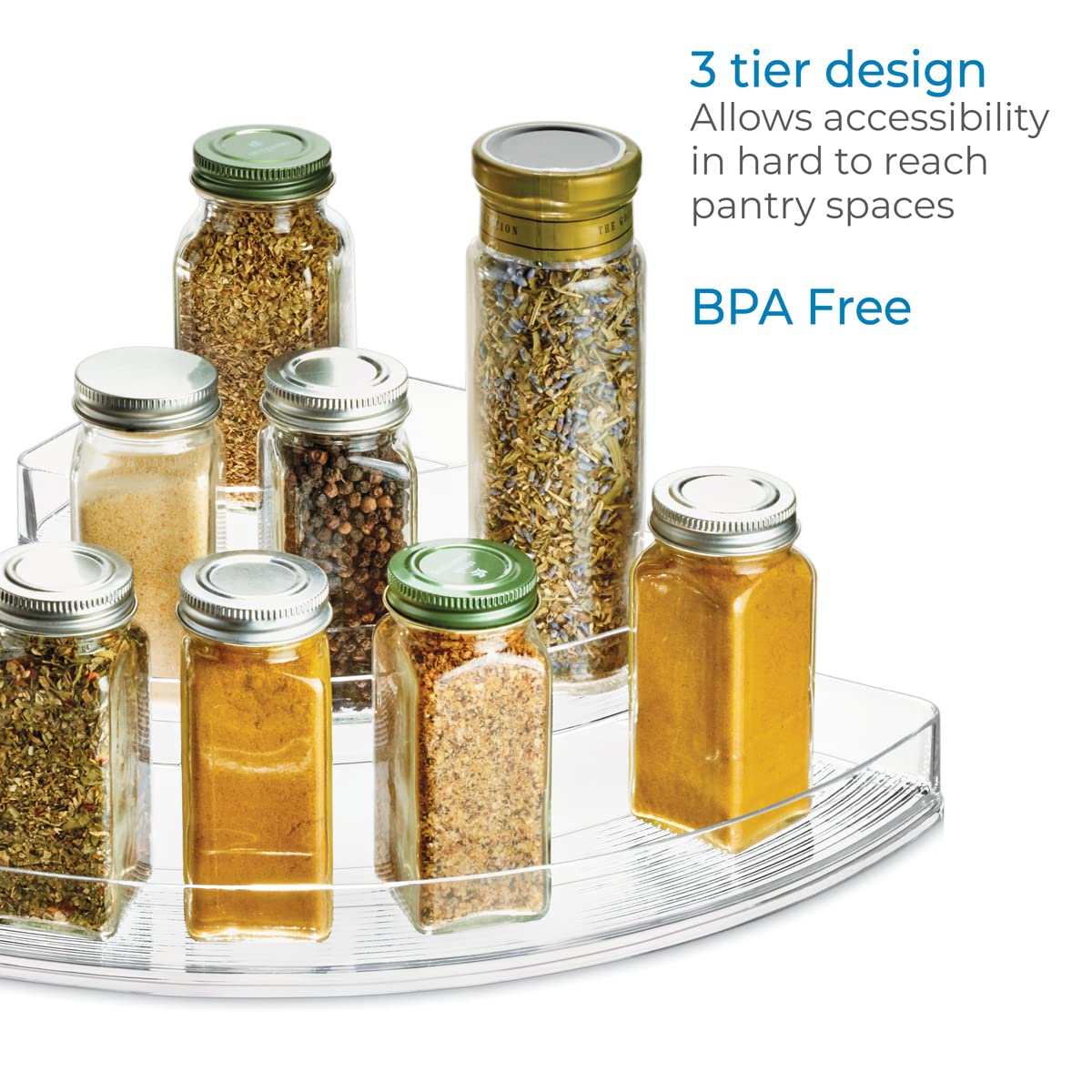 iDesign Recycled Plastic 3-Tier Stadium Spice Rack Organizer for Kitchen, Fridge, Freezer, Pantry and Cabinet Organization, The Linus Collection โ 14" x 10" x 4", Clear