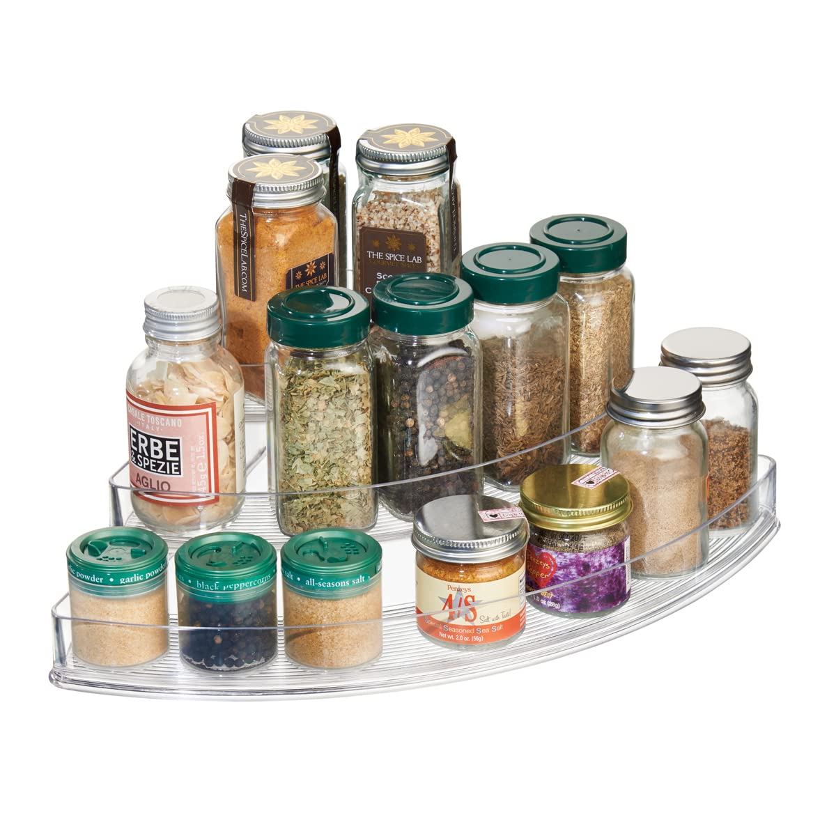 iDesign Recycled Plastic 3-Tier Stadium Spice Rack Organizer for Kitchen, Fridge, Freezer, Pantry and Cabinet Organization, The Linus Collection โ 14" x 10" x 4", Clear