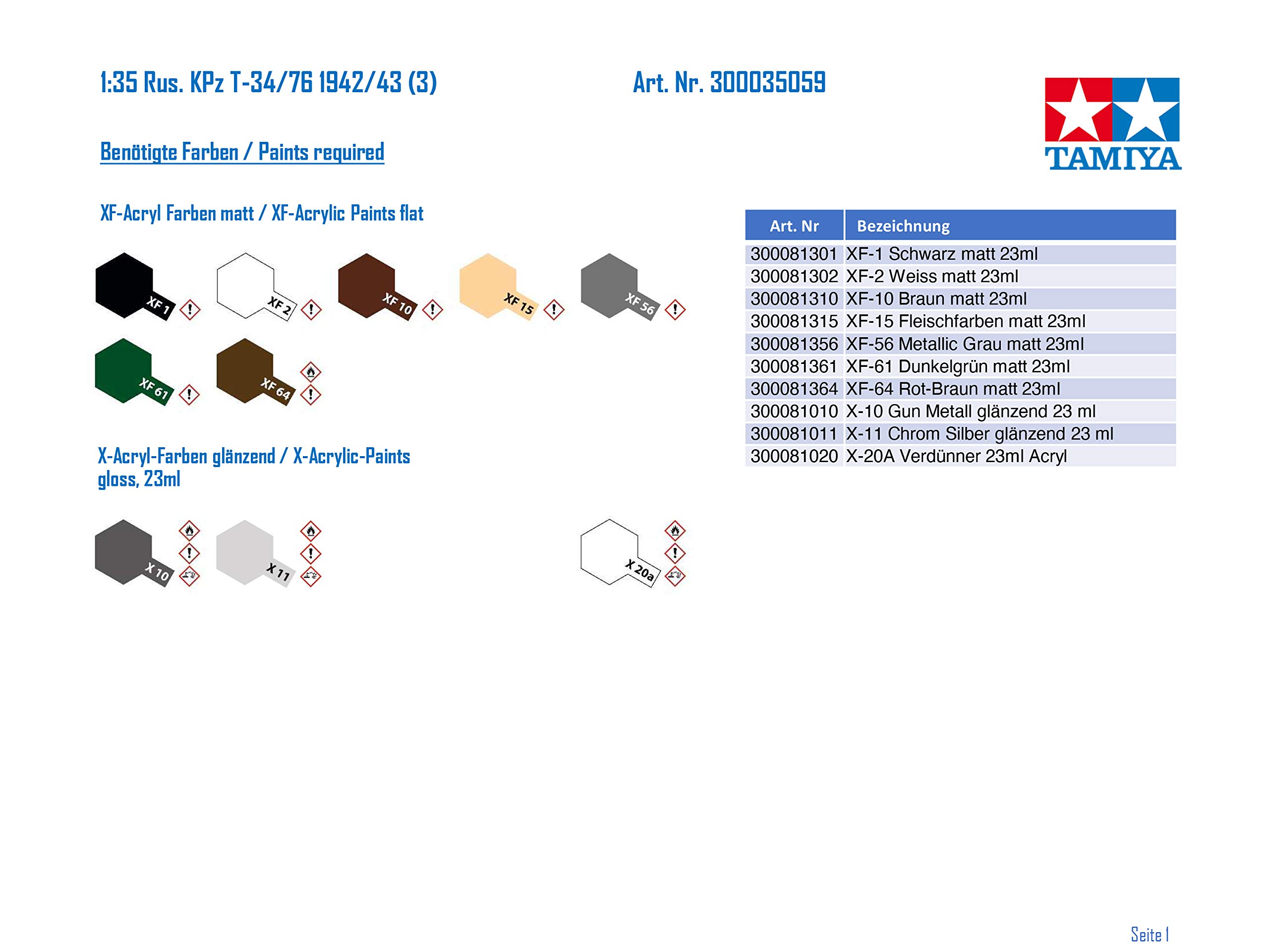 TAMIYA 35059 1/35 Russian T34/76 1943 Tank Plastic Model Kit